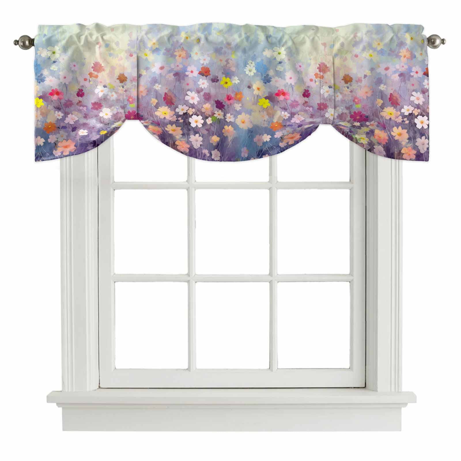 Spring Watercolor Tie Up Valance for Windows, Blue Flowers Oil Painting ...