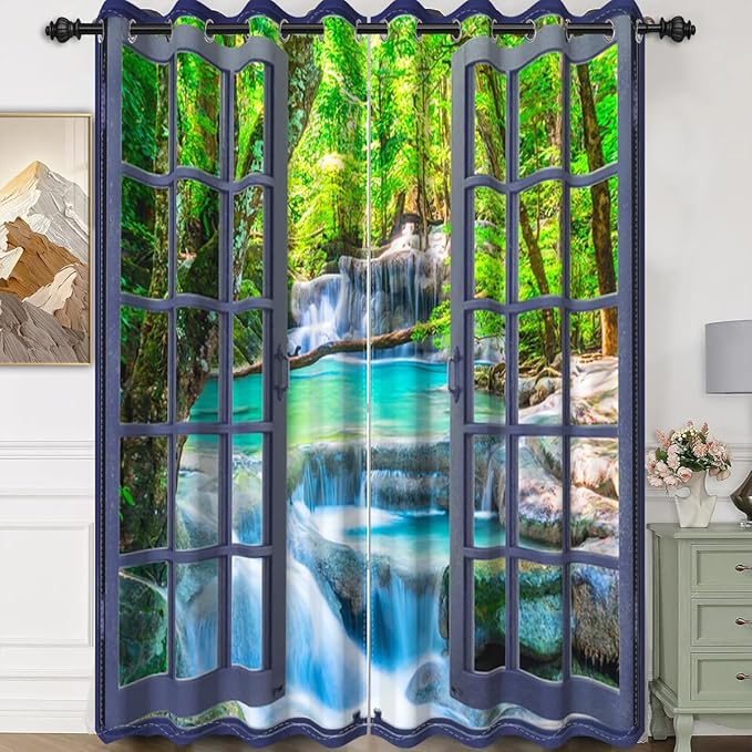 Spring Waterfall Curtains Opening Window Scenery Summer Green Jungle ...