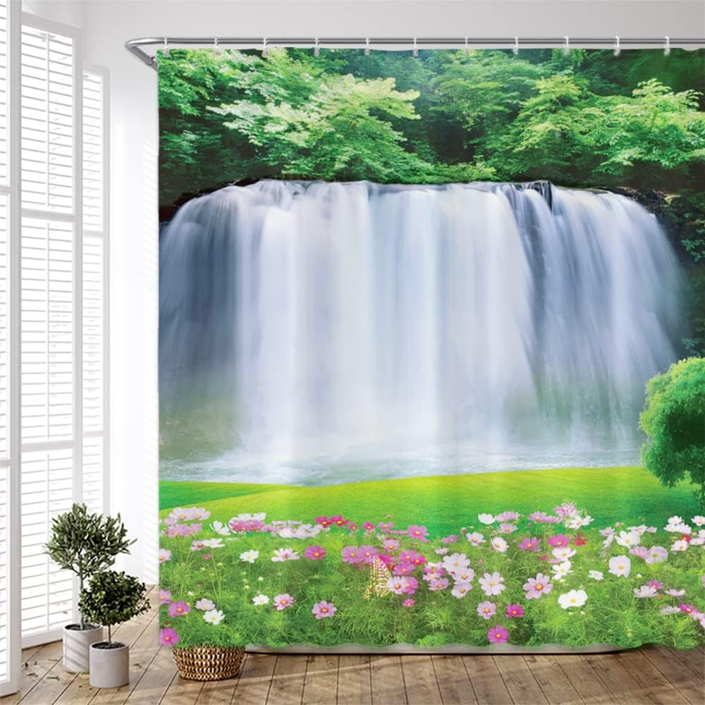 Spring Waterfall Forest Spa Shower Curtain - Falling Water Landscape ...