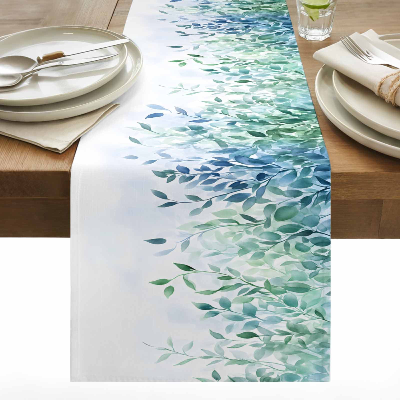Spring Wave Leaf Cotton Linen Table Runner Green Gradient Plant Leaves ...