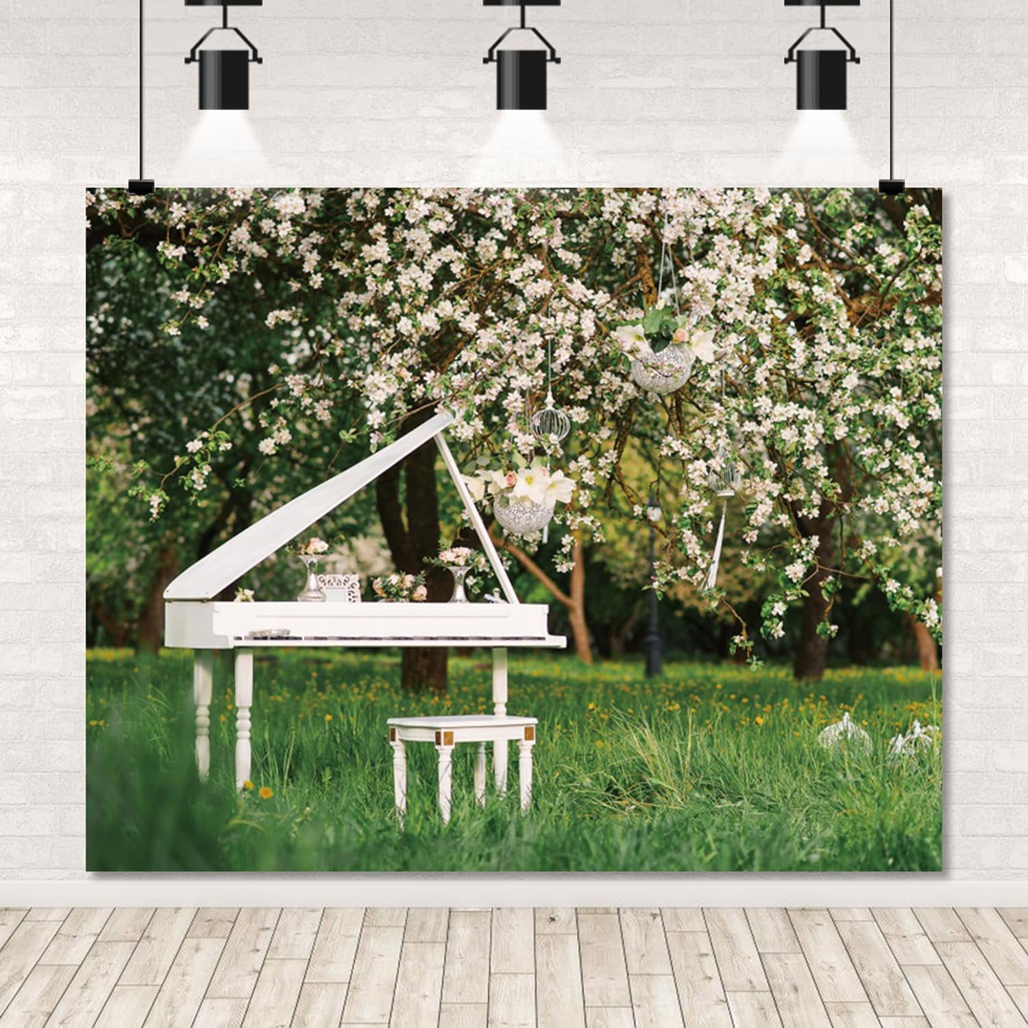 Spring Wedding Backdrop Green Tree Grassland Flower Piano Photography ...
