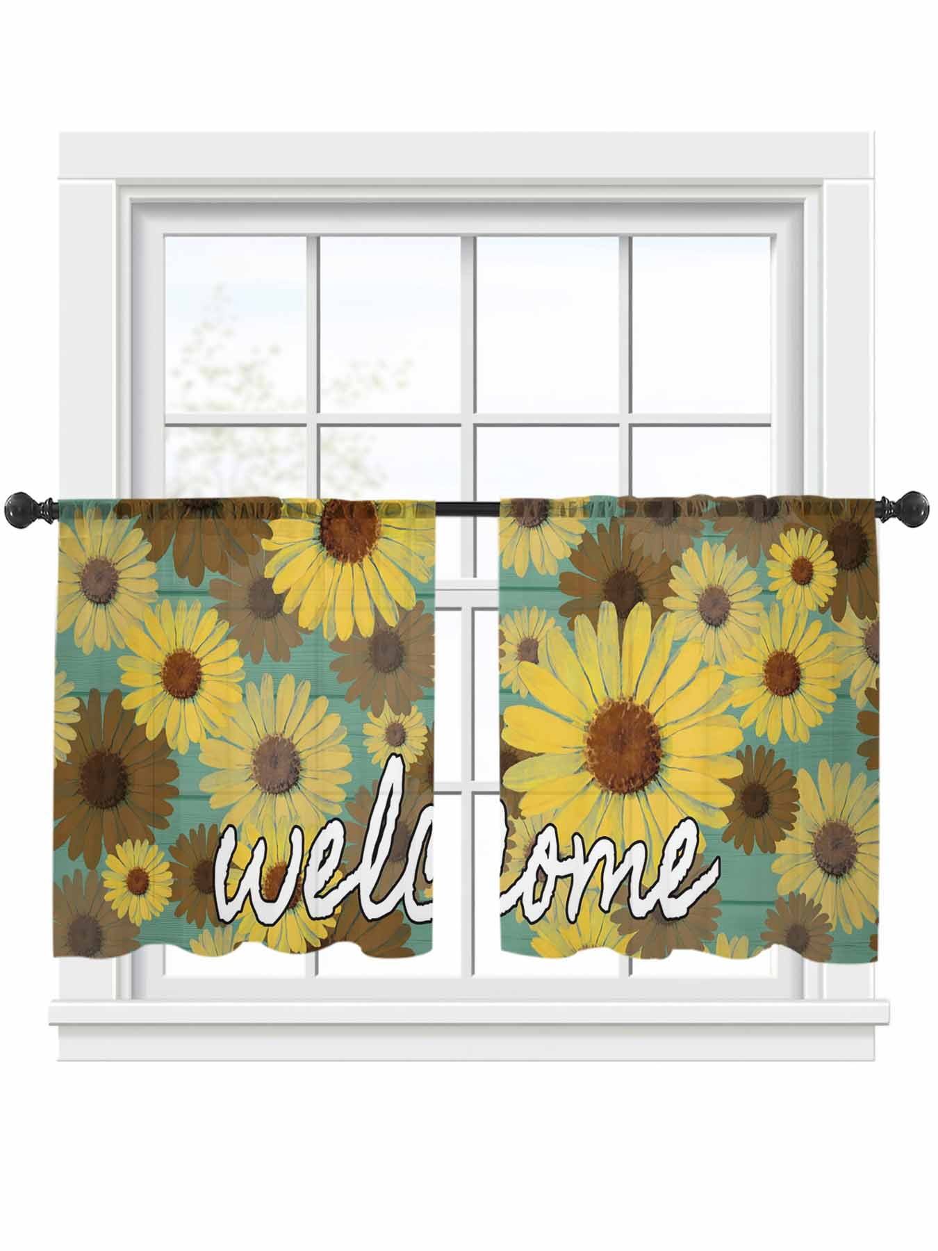 Spring Welcome Sheer Curtains 2 Panels Set Sunflowers Watercolors Art ...