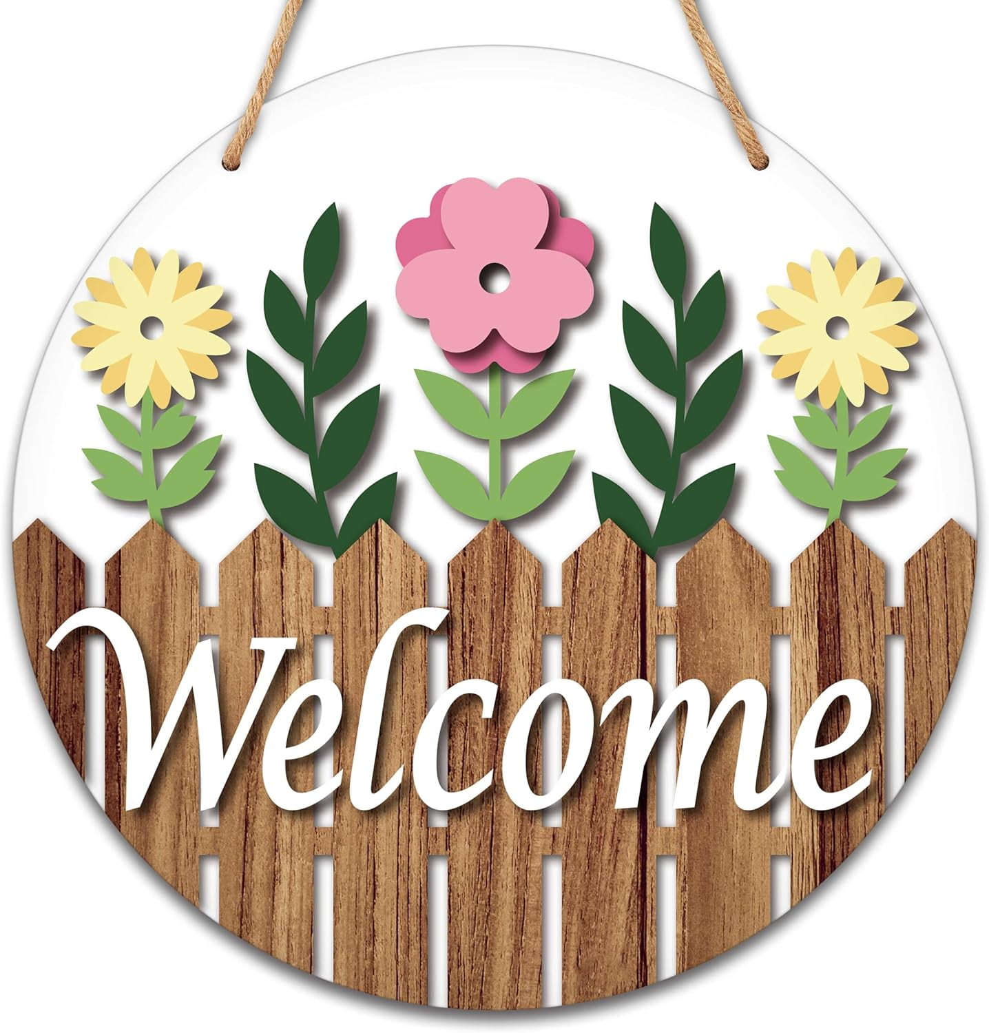 Spring Welcome Sign for Front Door Decor - 10" Floral Fence Wall ...
