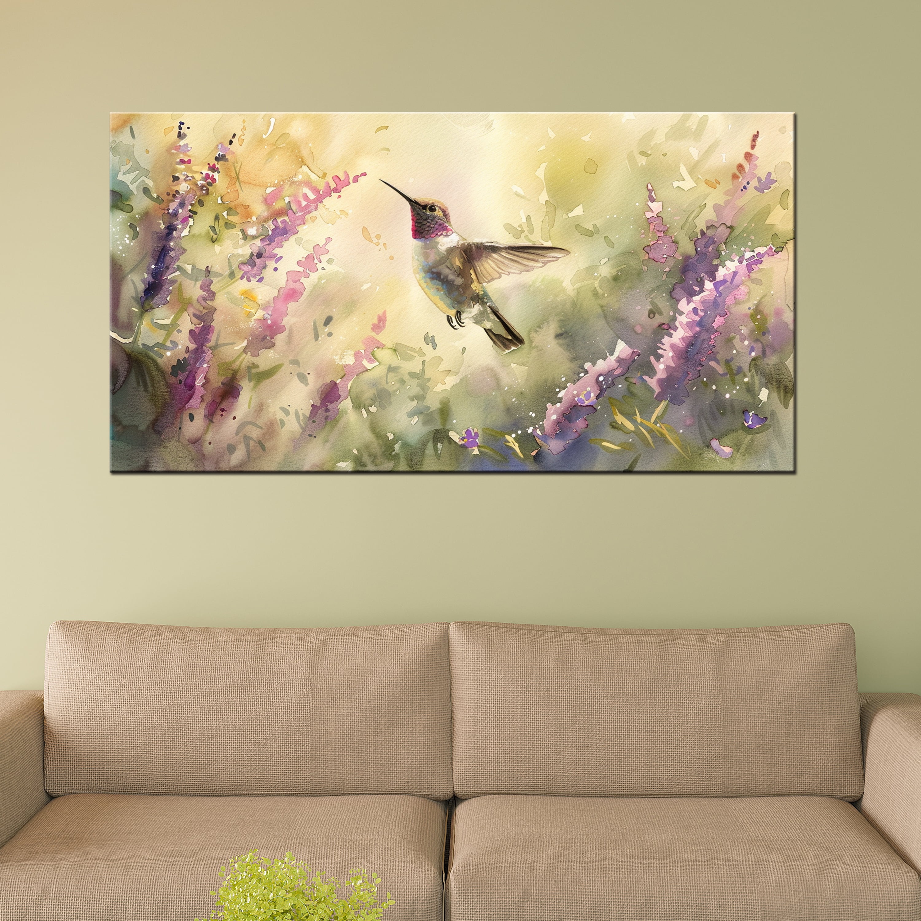 Spring Whispers- Hummingbird Darting Through Flowers in Watercolor Style (16"x24" customizable ...