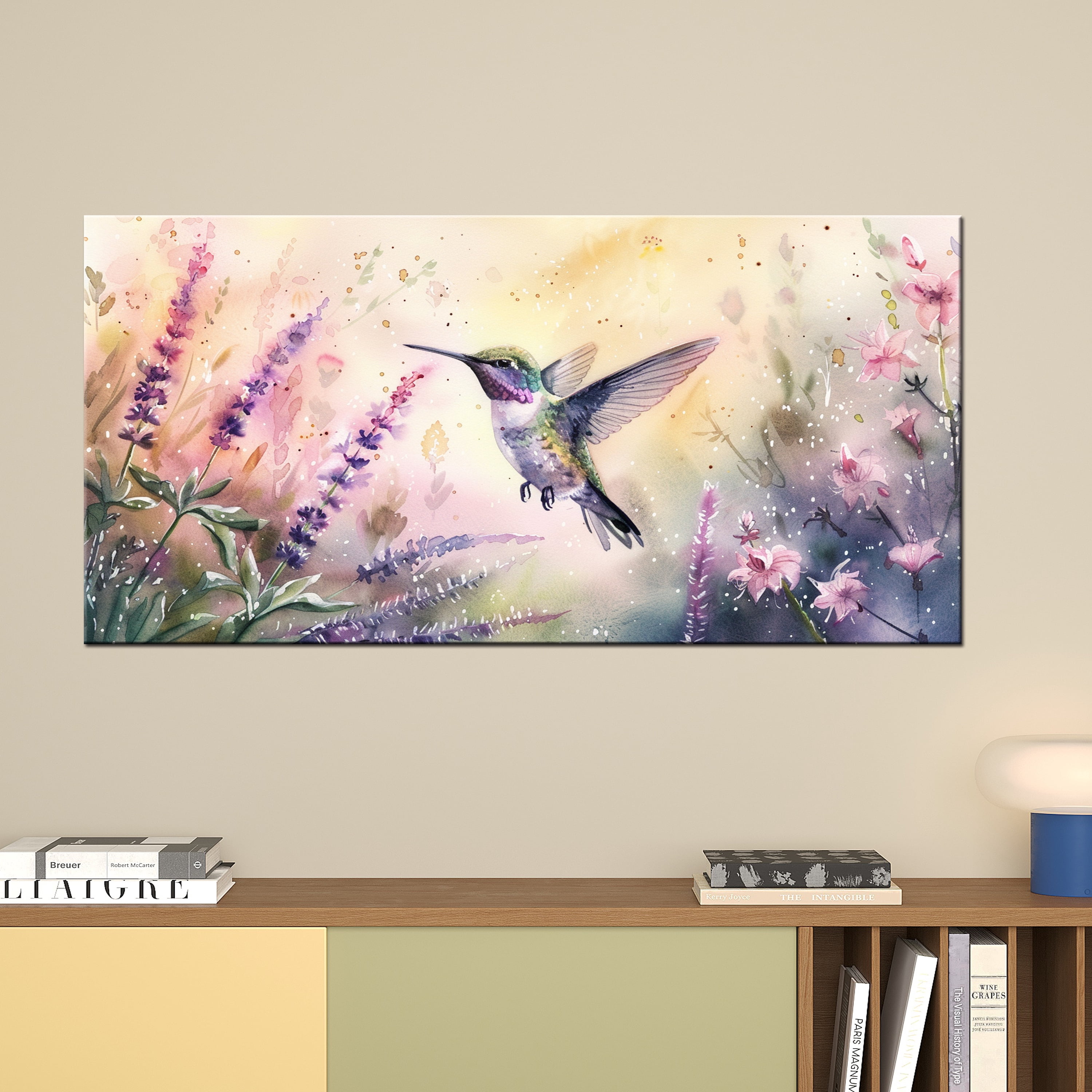 Spring Whispers- Hummingbird Flying Among Flowers (16"x24" customizable ...