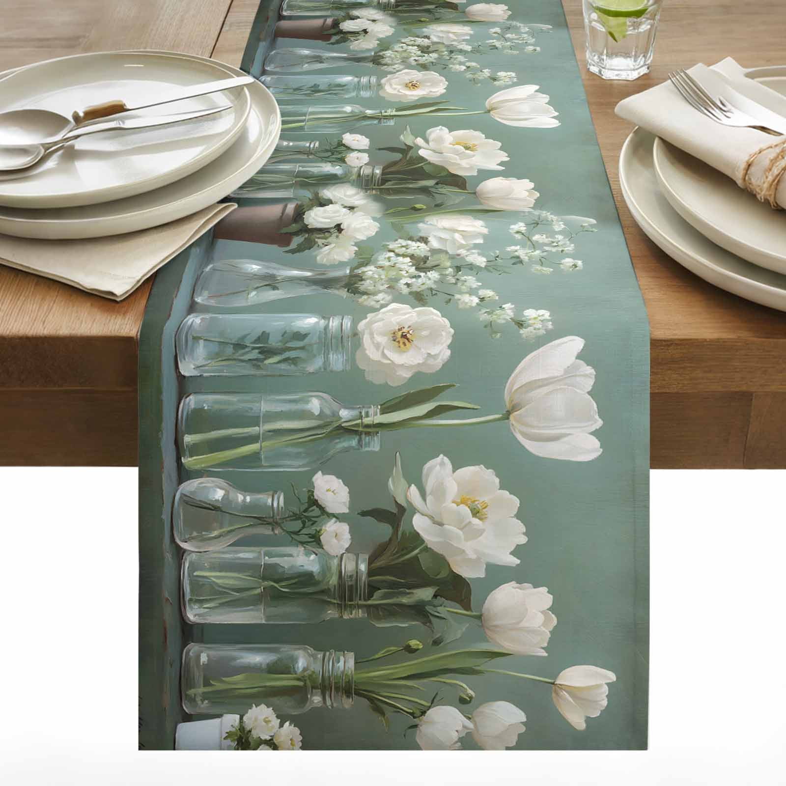 Spring White Camellia Cotton Linen Table Runner Green Floral Bottle ...