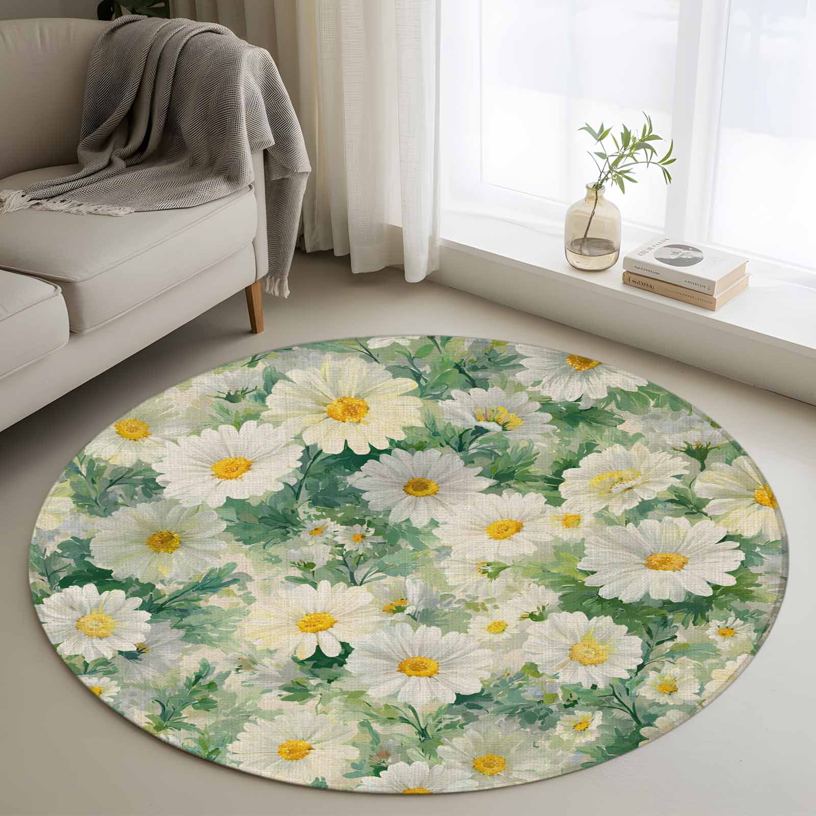Spring White Daisy Round Area Rug 3Ft Washable Small Circle Rugs for ...