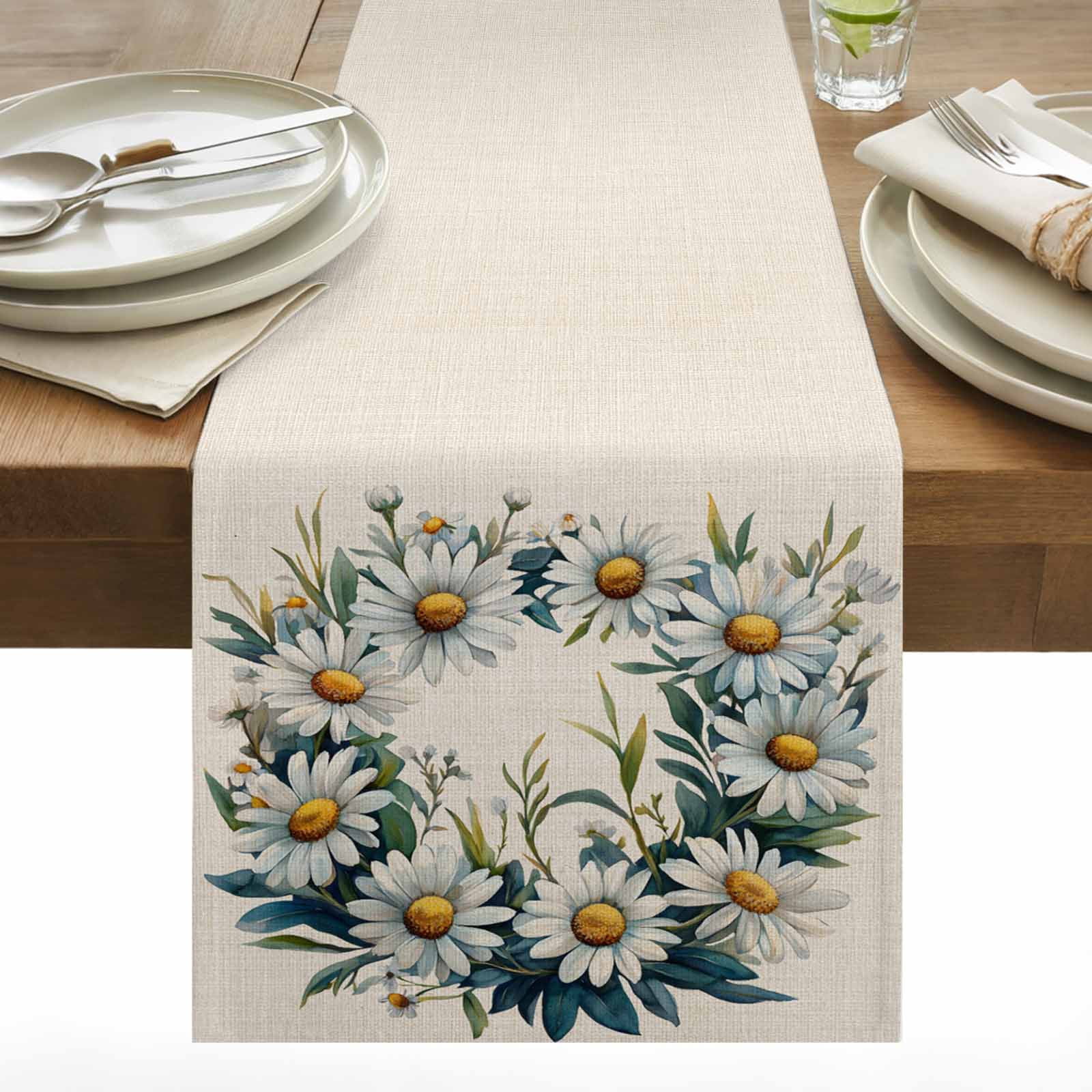 Spring White Daisy Wreath Cotton Linen Table Runner Country Watercolor ...