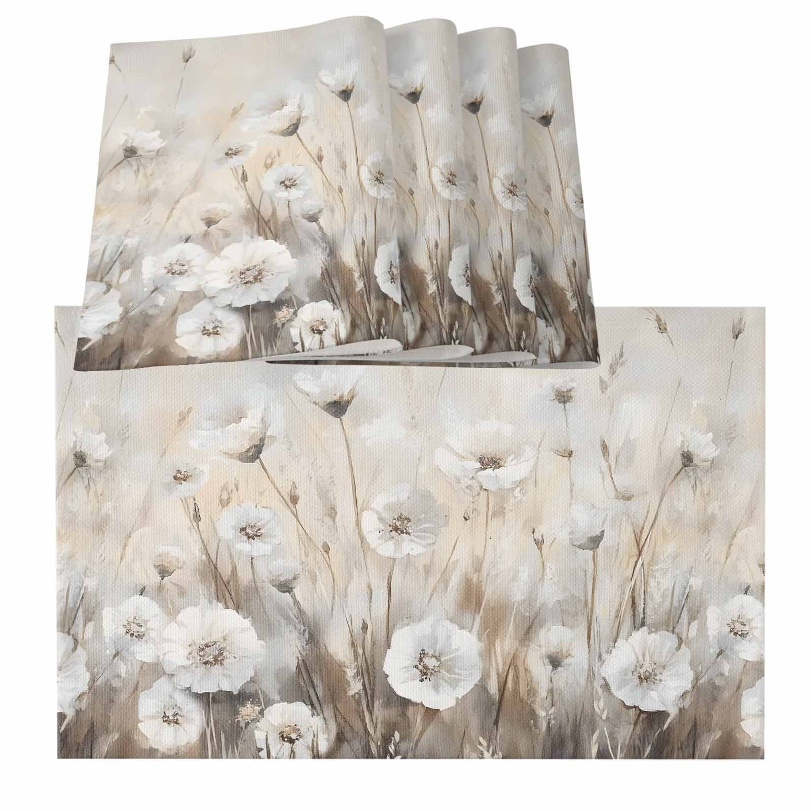 Spring White Floral Placemats for Dinning Table Set of 6, Watercolor ...