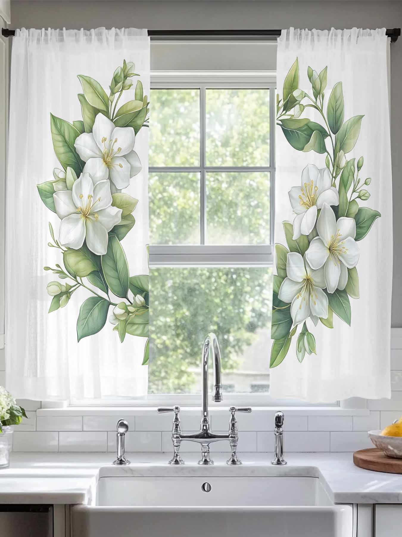 Spring White Floral Sheer Curtains for Living Room Bedroom Botanical ...
