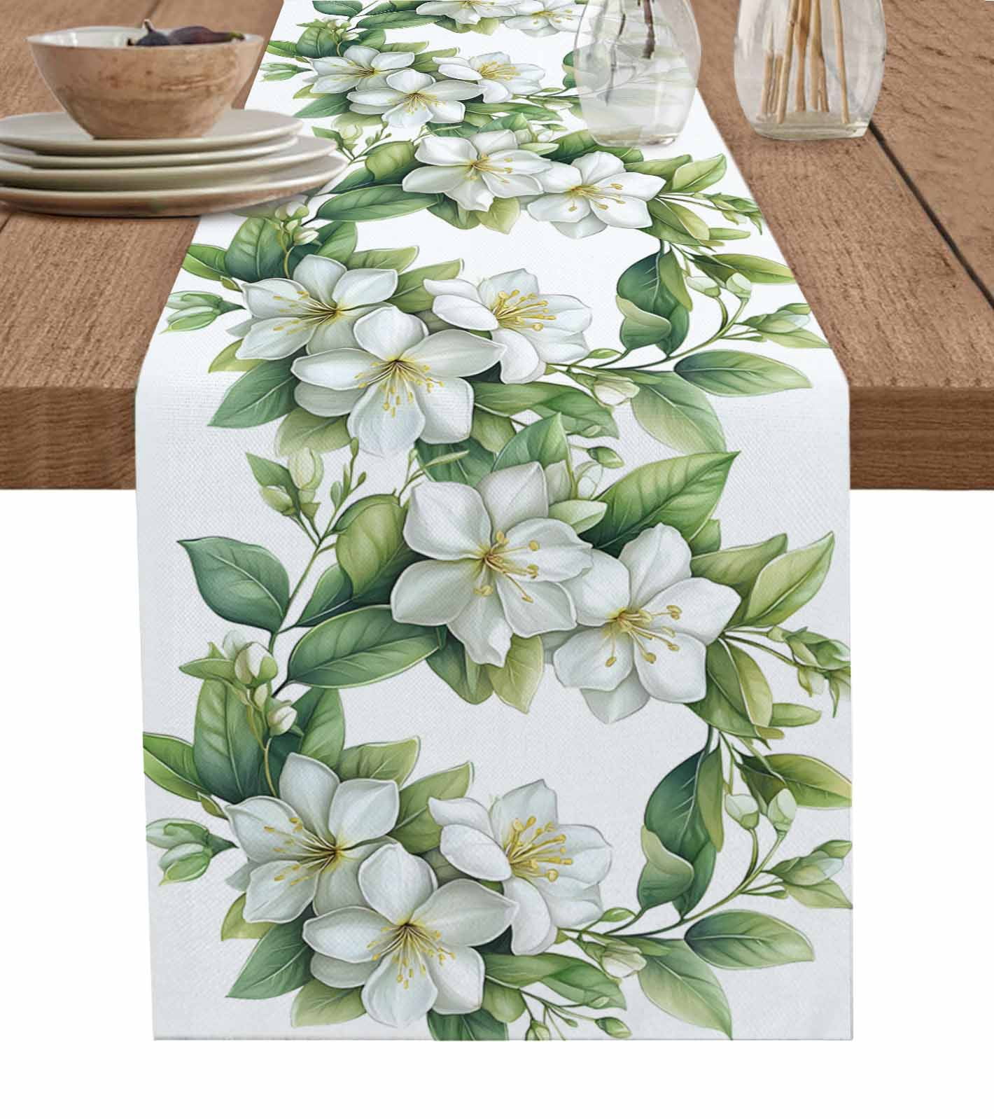 Spring White Floral Table Runner 36 Inches, Botanical Garden Flowers ...