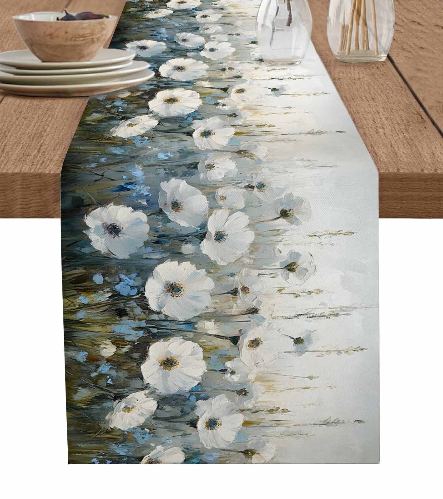 Spring White Floral Table Runner 70 Inches, Abstract Oil Painting ...