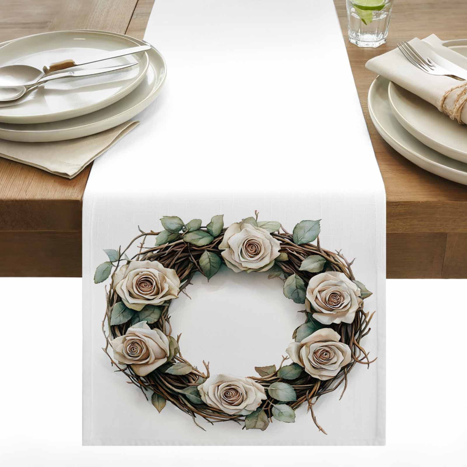 Spring White Rose Wreath Cotton Linen Table Runner Vintage Watercolor ...