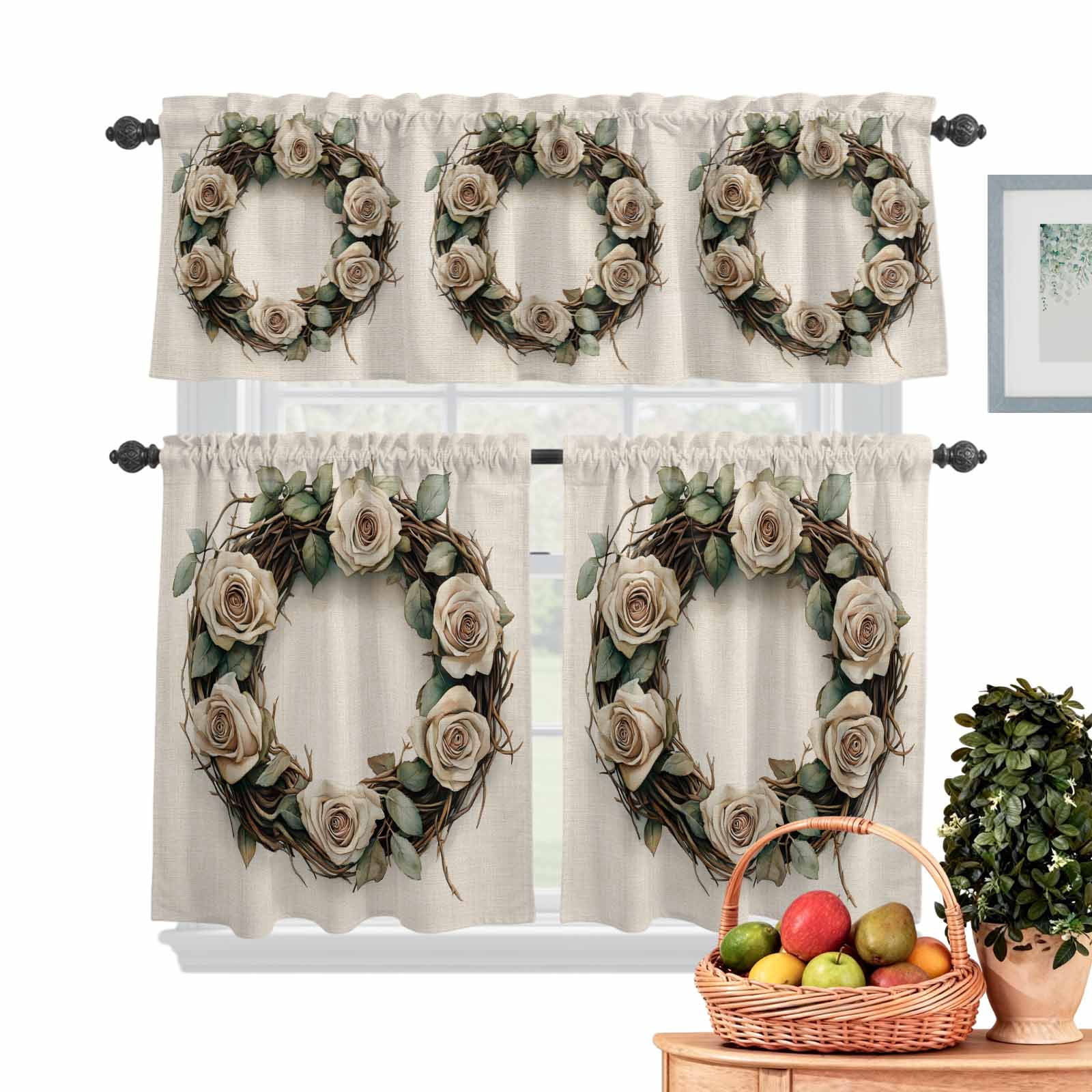 Spring White Rose Wreath Kitchen Curtains Valances 3 Piece Set, Vintage ...