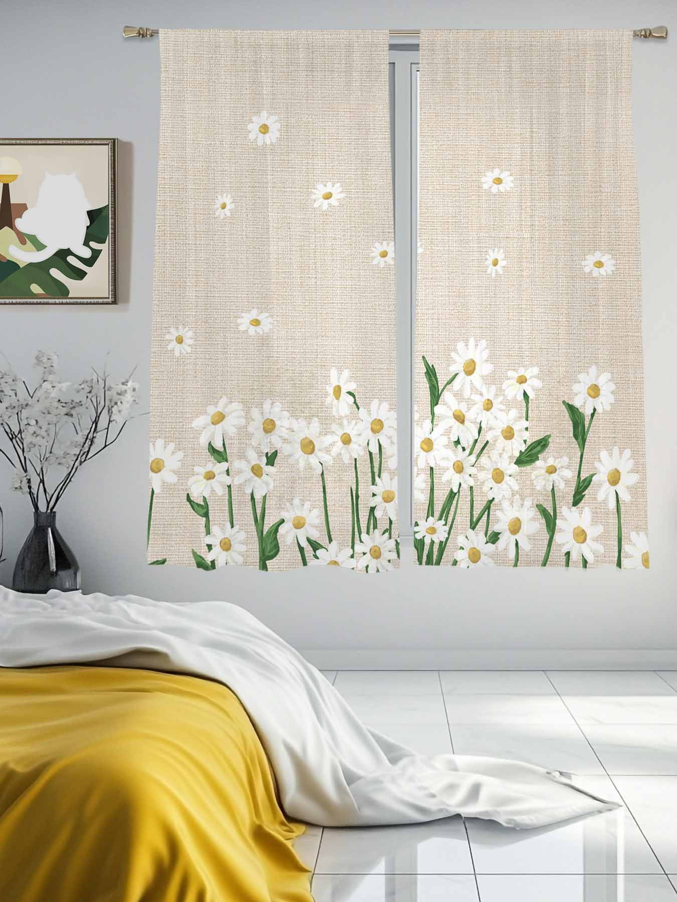 Spring White Sheer Curtains 63 inches Long 2 Panels Set Daisy Flowers ...
