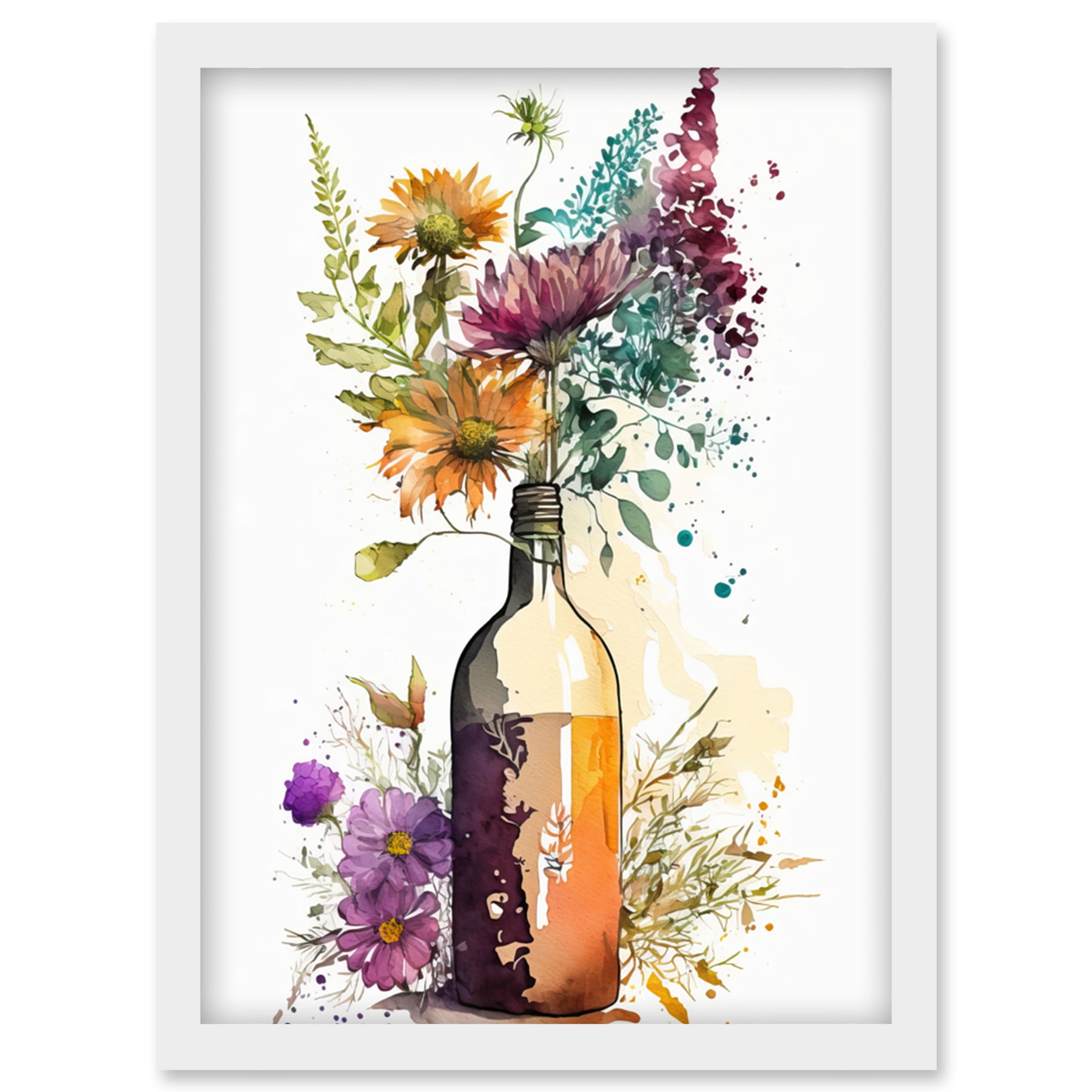 Spring Wildflower Bouquet in a Glass Wine Bottle Artwork Framed Wall Art Print A4 - Walmart.com