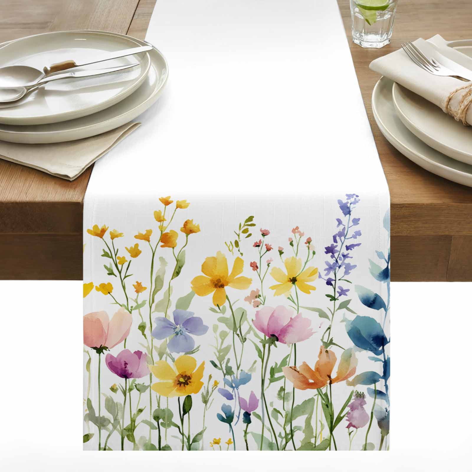Spring Wildflower Cotton Linen Table Runner Watercolor Colorful Flower ...
