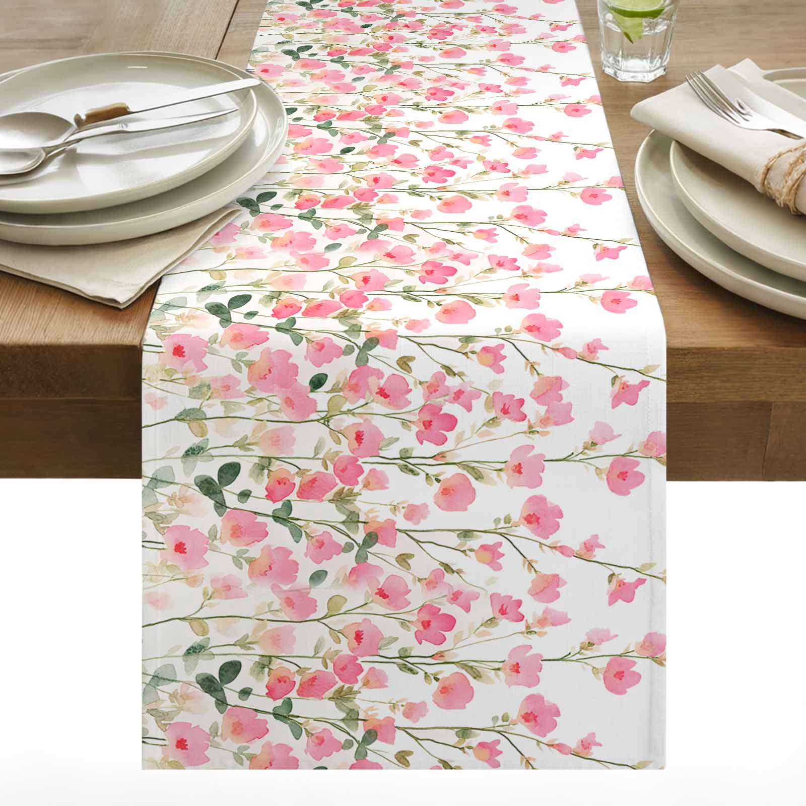 Spring Wildflower Cotton Linen Table Runner Watercolor Gradient Pink ...