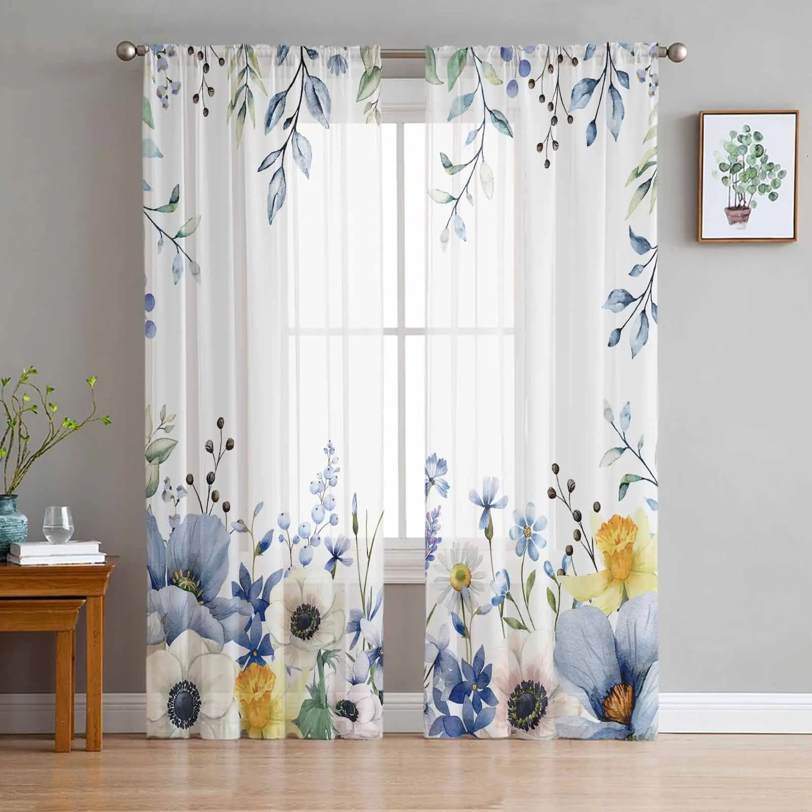 Spring Wildflower Tulip Flowers Leaves Tulle Curtains for Living Room ...