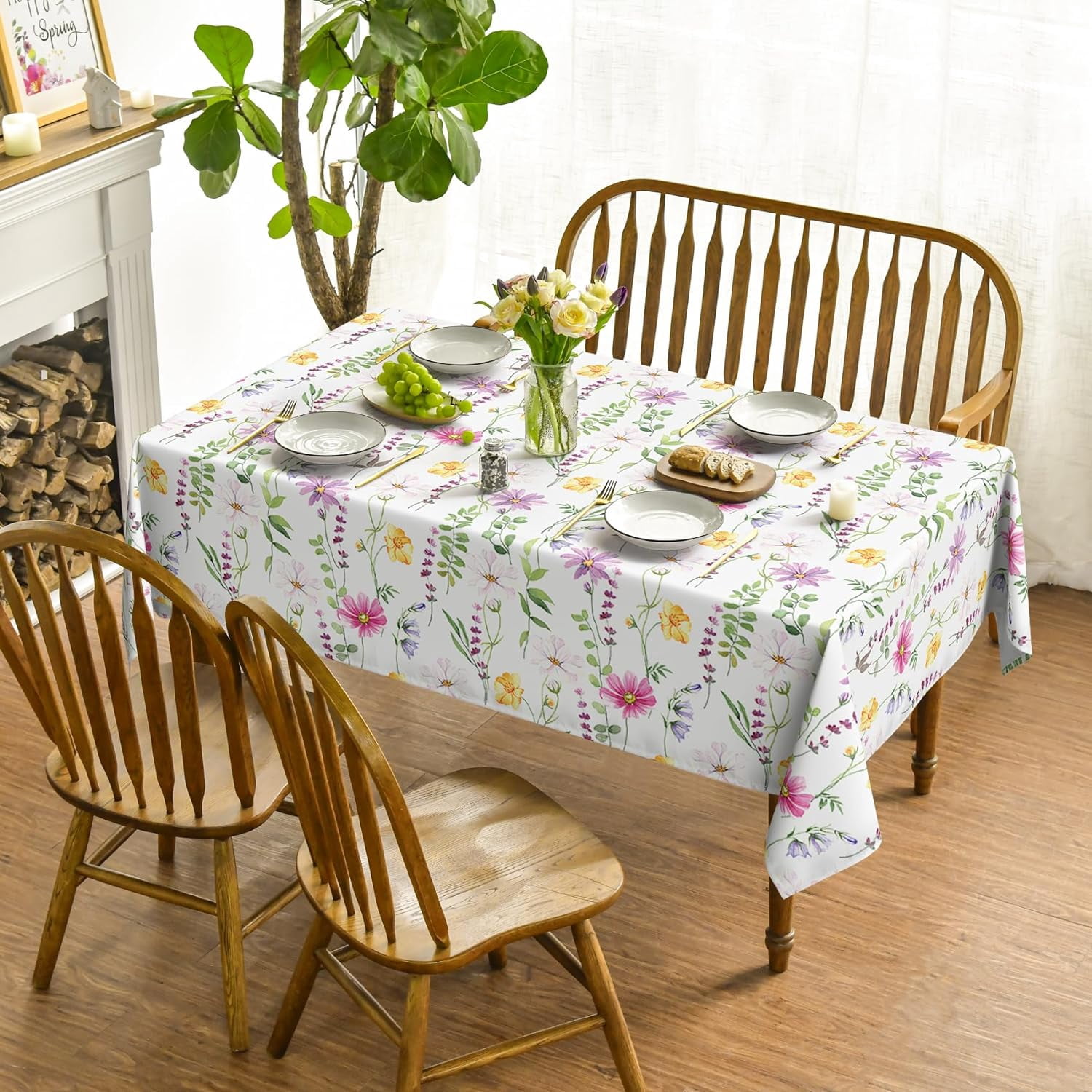 Spring Wildflowers Floral Butterfly Tablecloth Washable Kitchen Dining ...