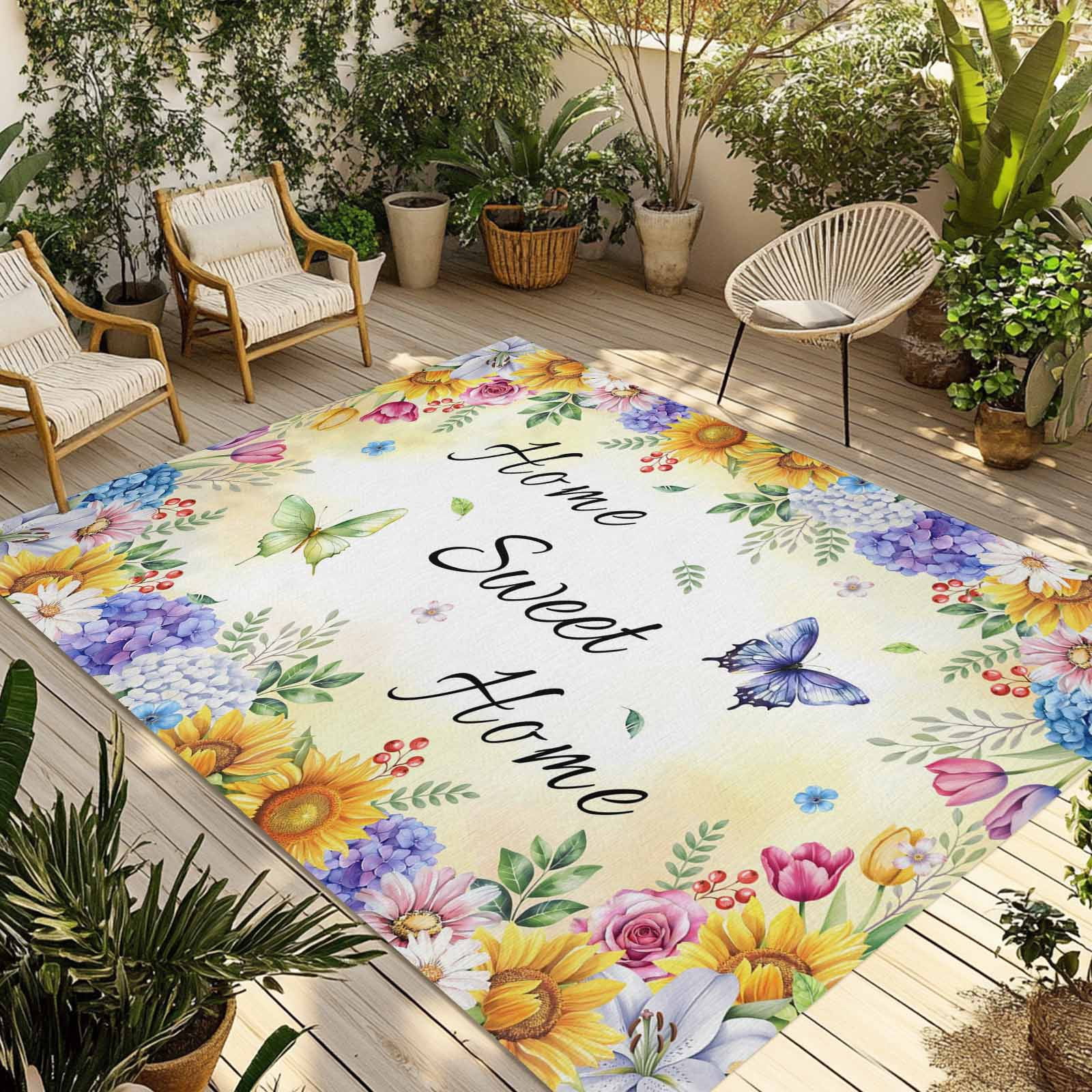 Spring Wildflowers Outdoor Rug for Patio/Deck/Porch, Non-Slip Large ...