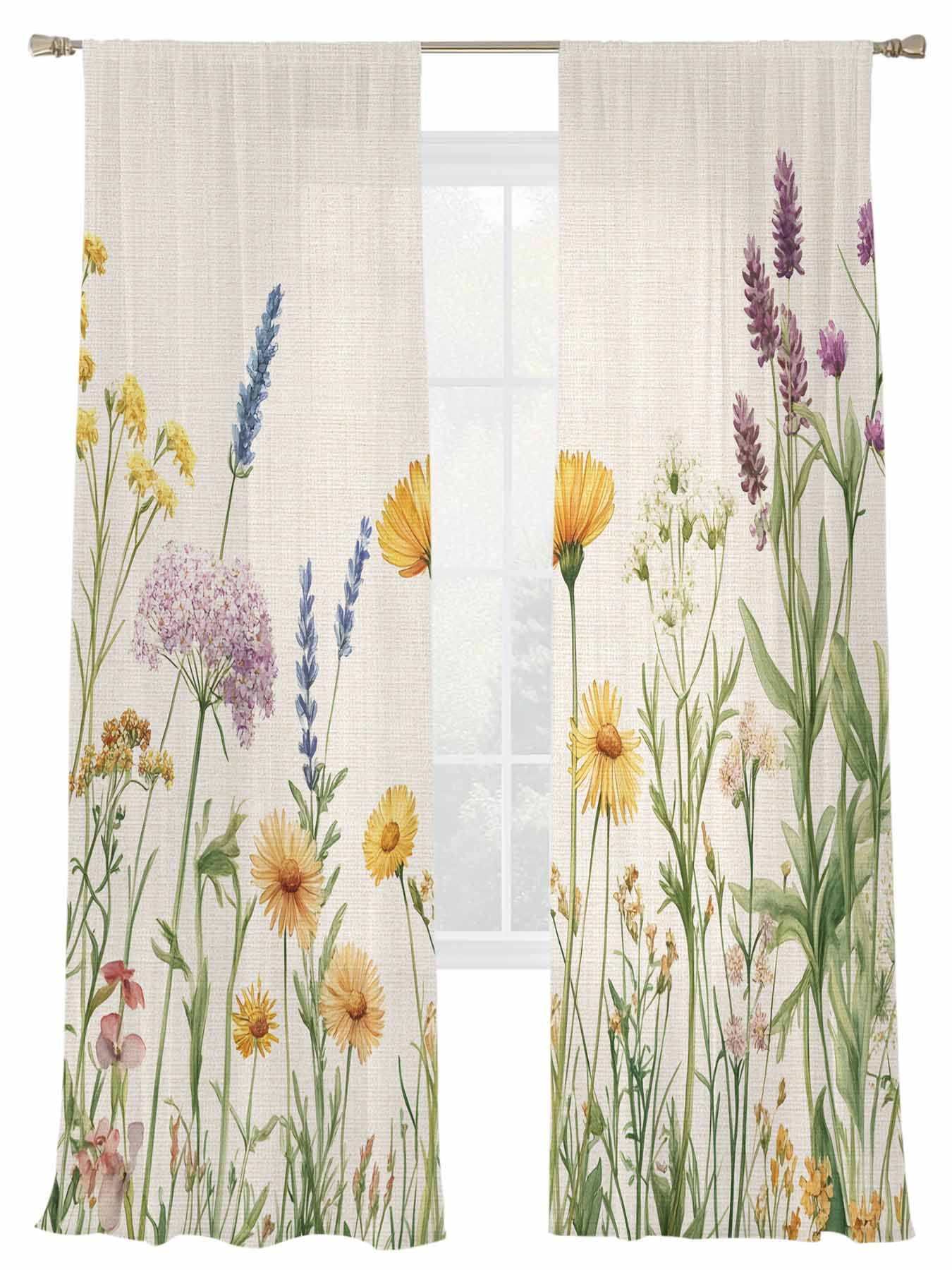 Spring Wildflowers Sheer Curtains 2 Panels Set Pastoral Wind Flowers ...