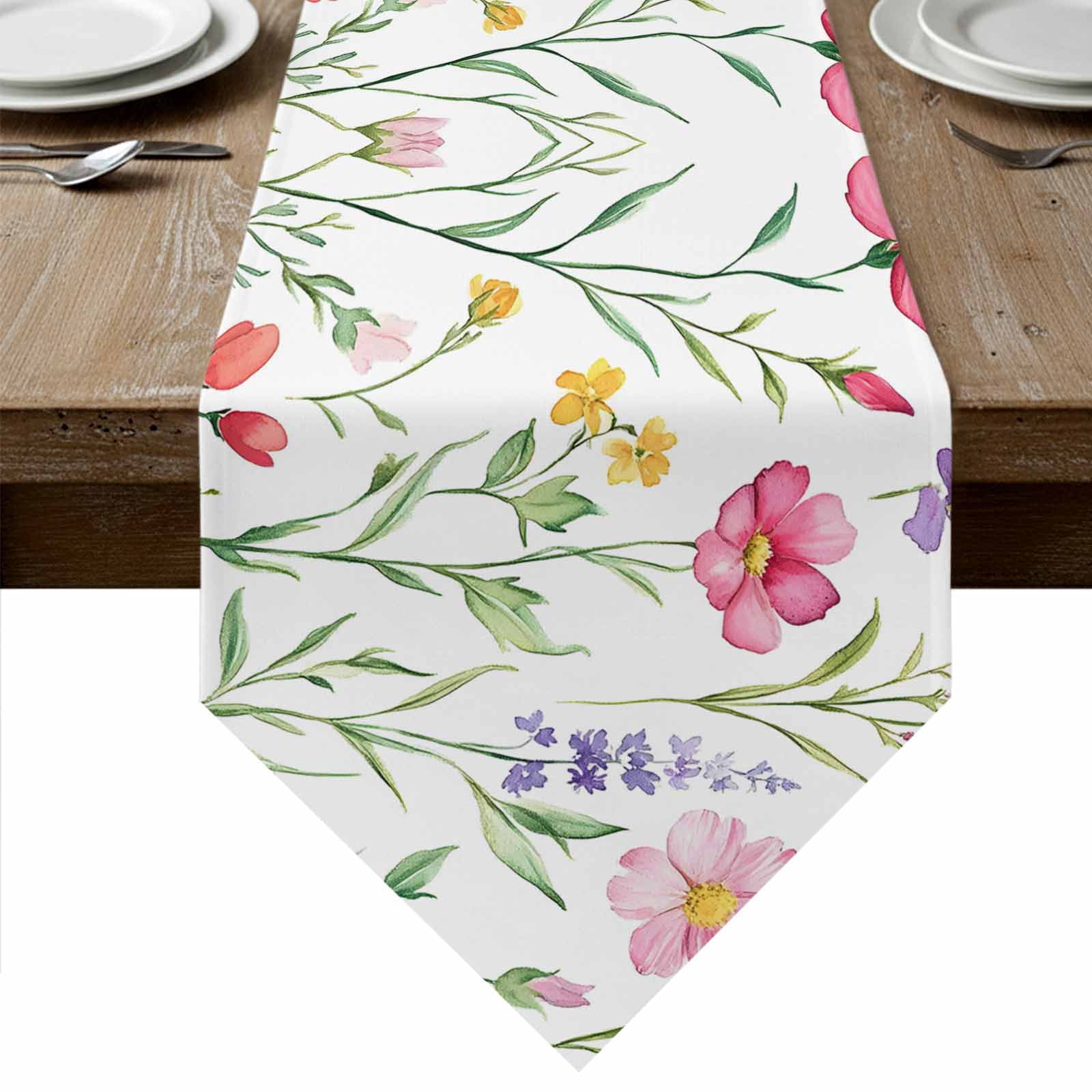 Spring Wildflowers Table Runner Linen Burlap Table Runner 108 Inches ...