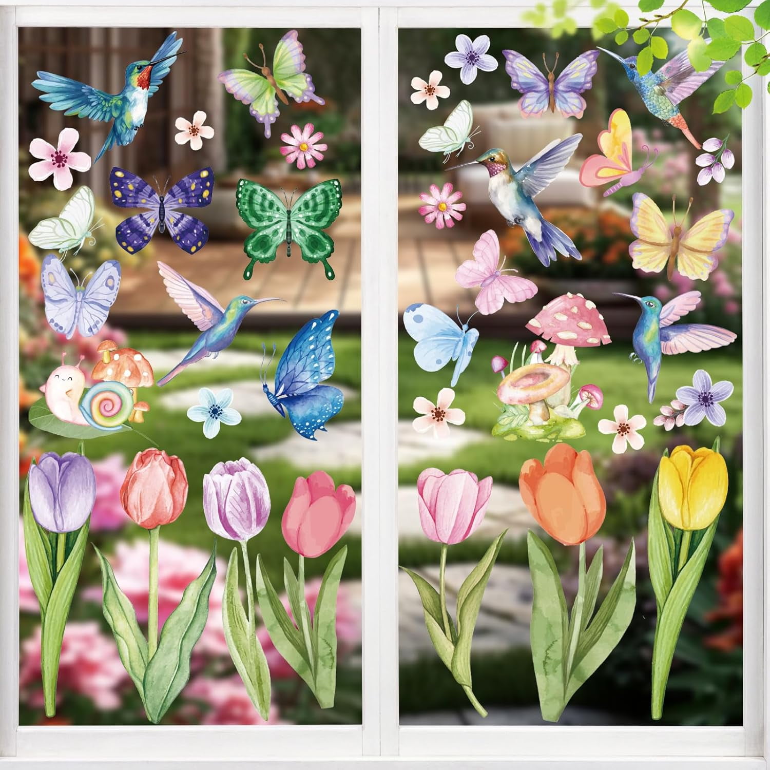 Spring Window Clings - 83 Pcs Watercolor Flower, Butterfly, Hummingbird ...