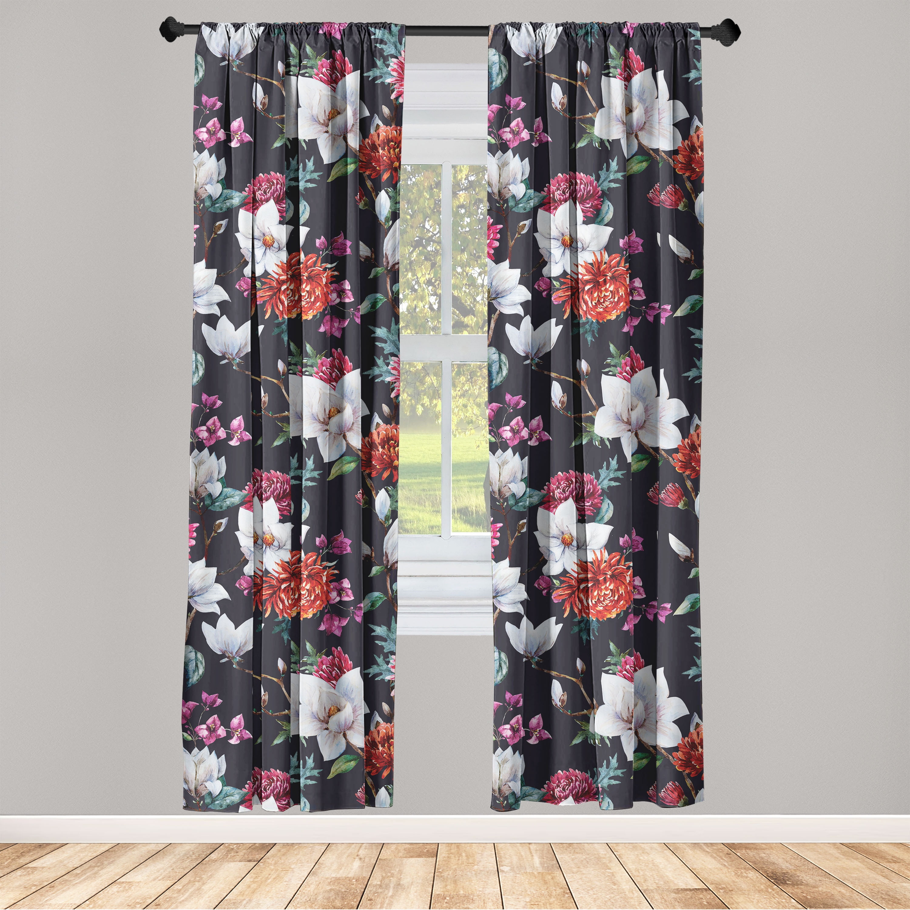 Spring Window Curtains, Chrysanthemum and Magnolia Flowers Leaves ...