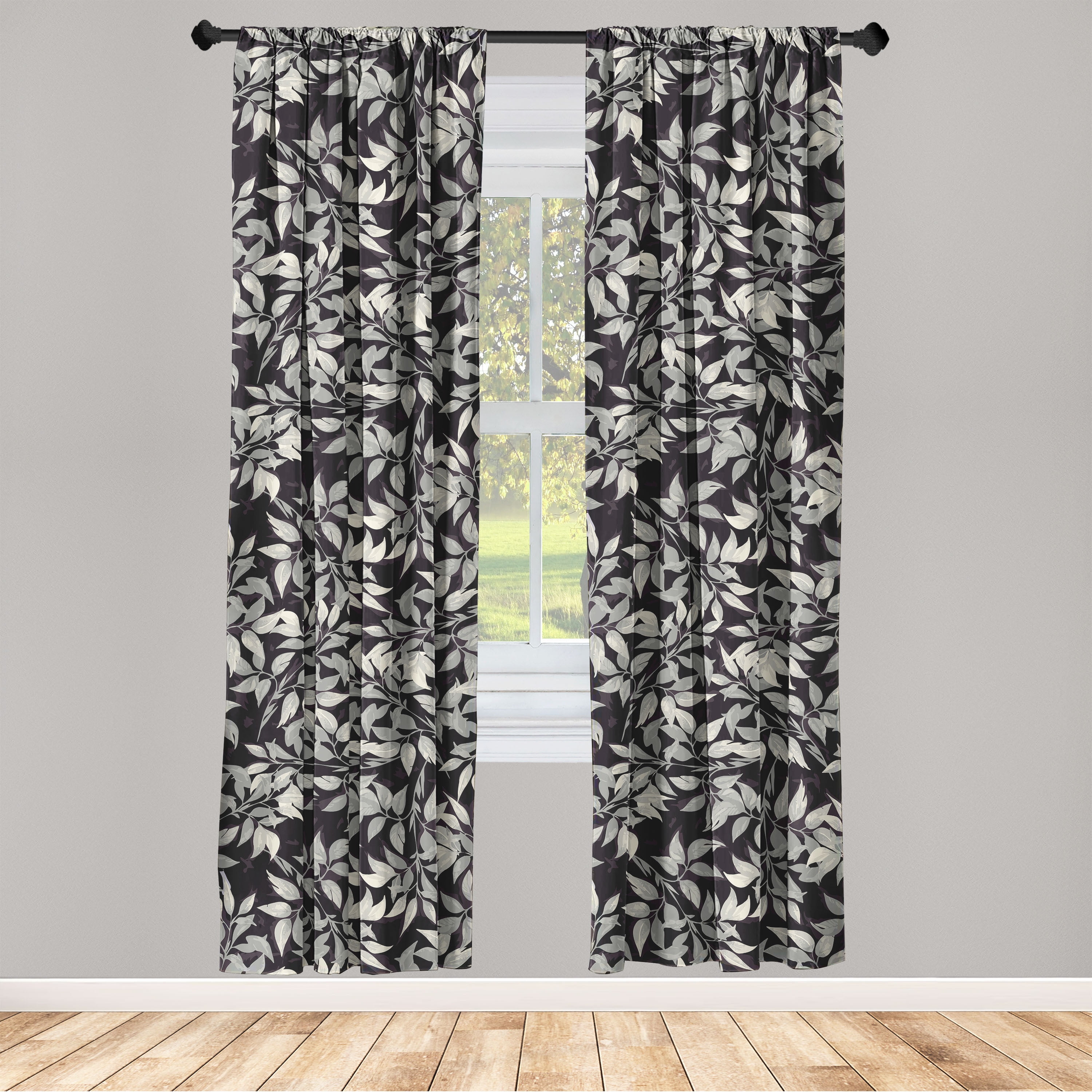 Spring Window Curtains, Continuous Ficus Leaves Minimalistic Art on ...