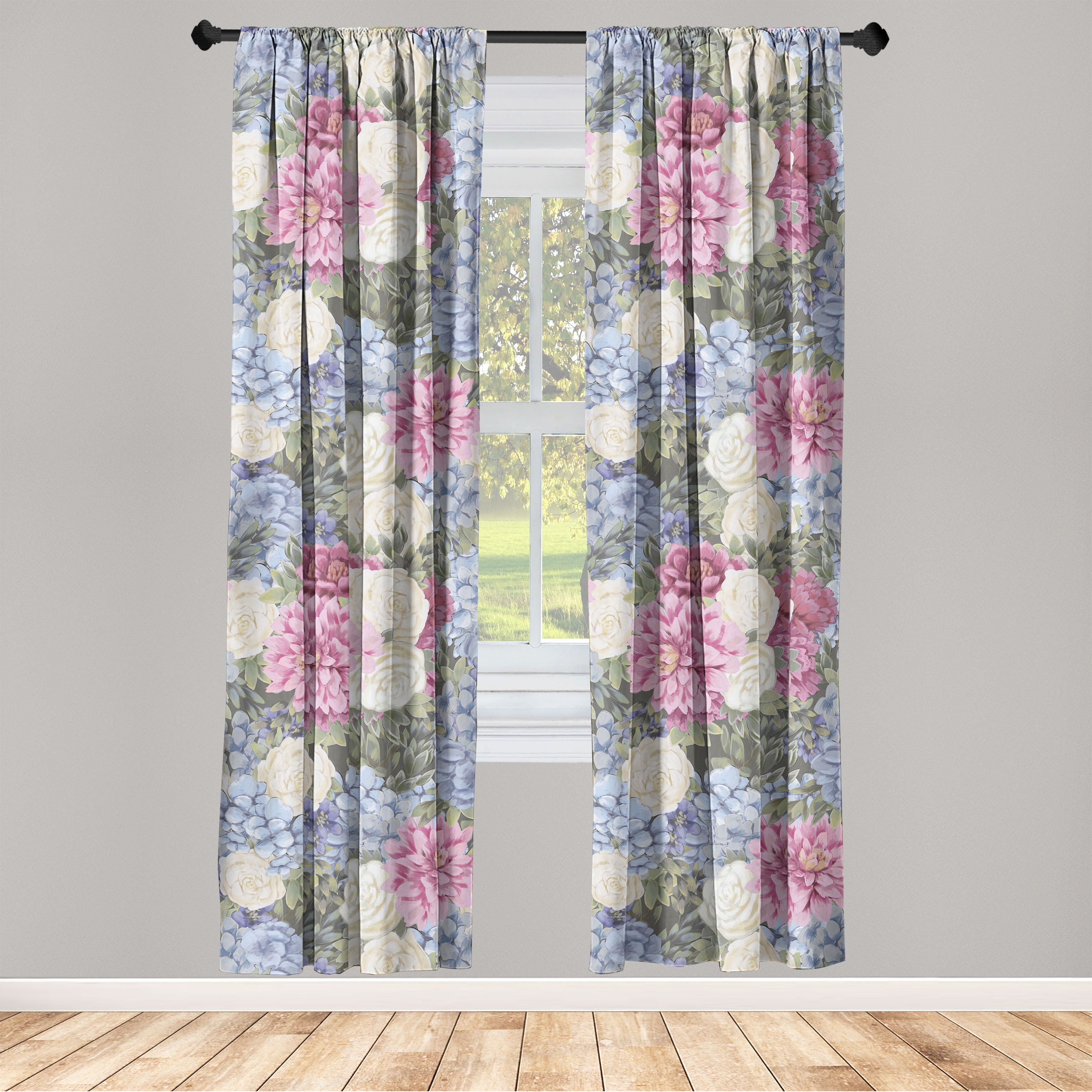 Spring Window Curtains, Hand-Drawn Hydrangea and Other Colorful Flowers ...