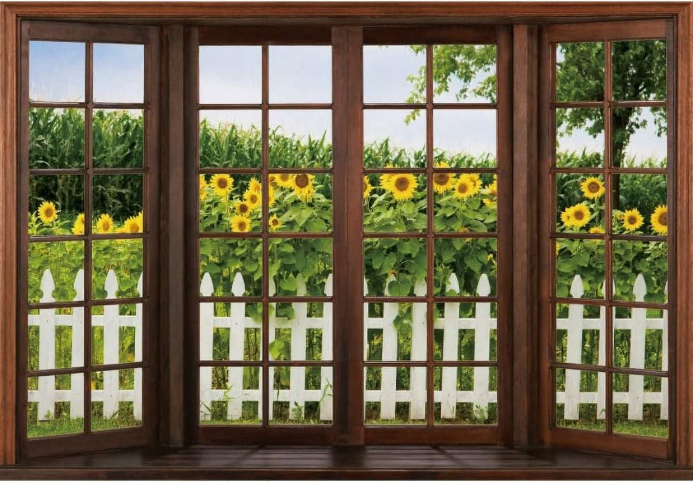 Spring Window Scenery Backdrop Vintage Brown Wooden Sunflower Garden ...