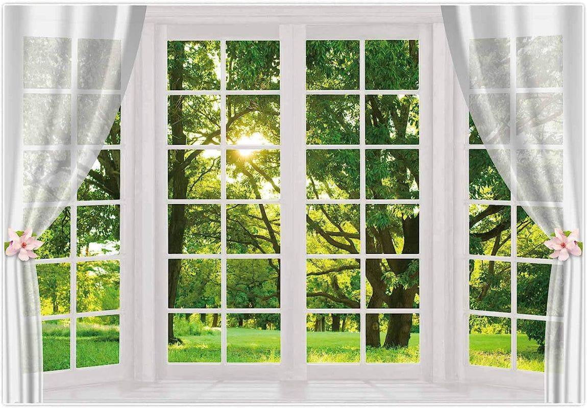 Spring Window Scenery Photography Backdrop Floral Green Forest Natural ...