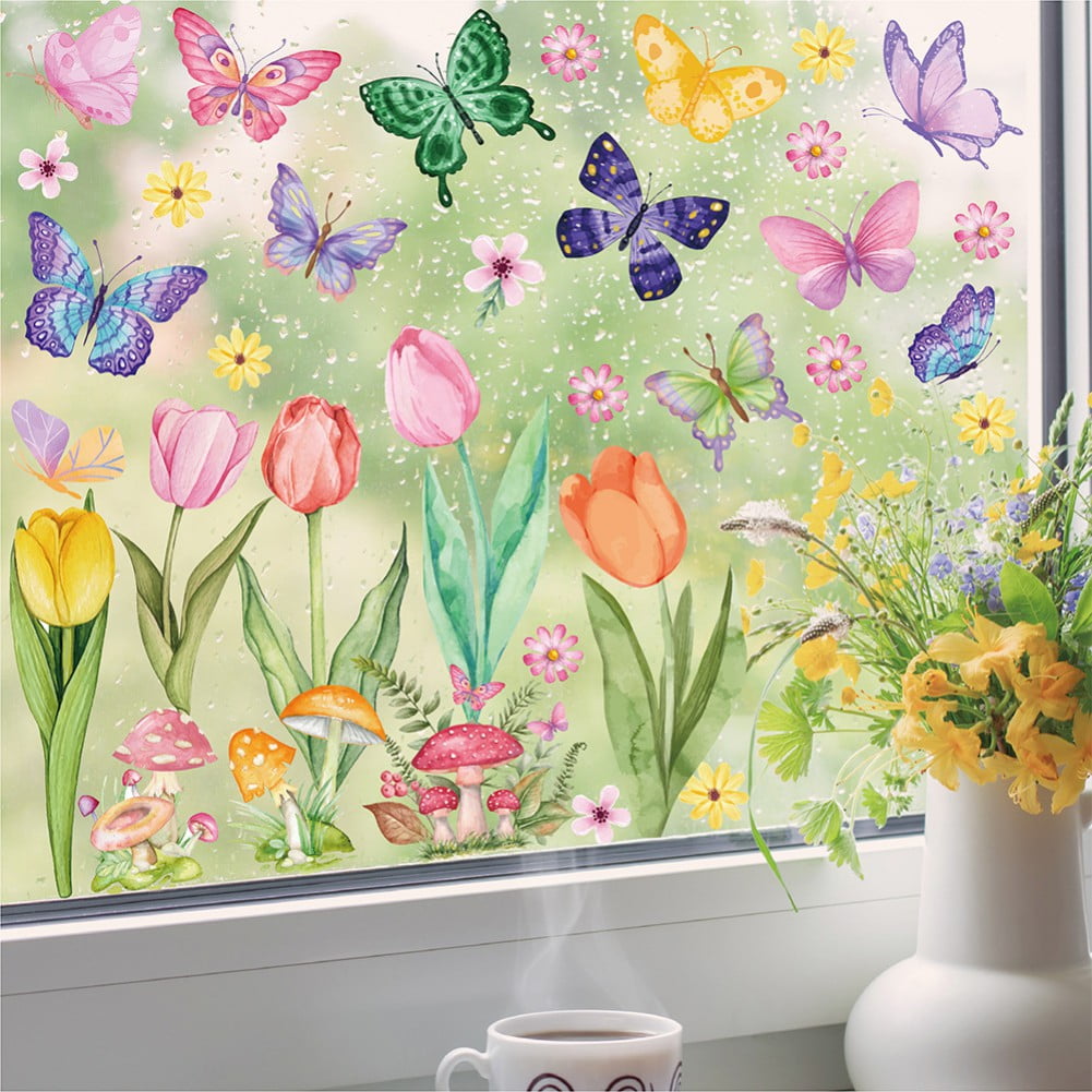 Spring Window Stickers PVC Double-sided Tulips Butterflies Flowers ...
