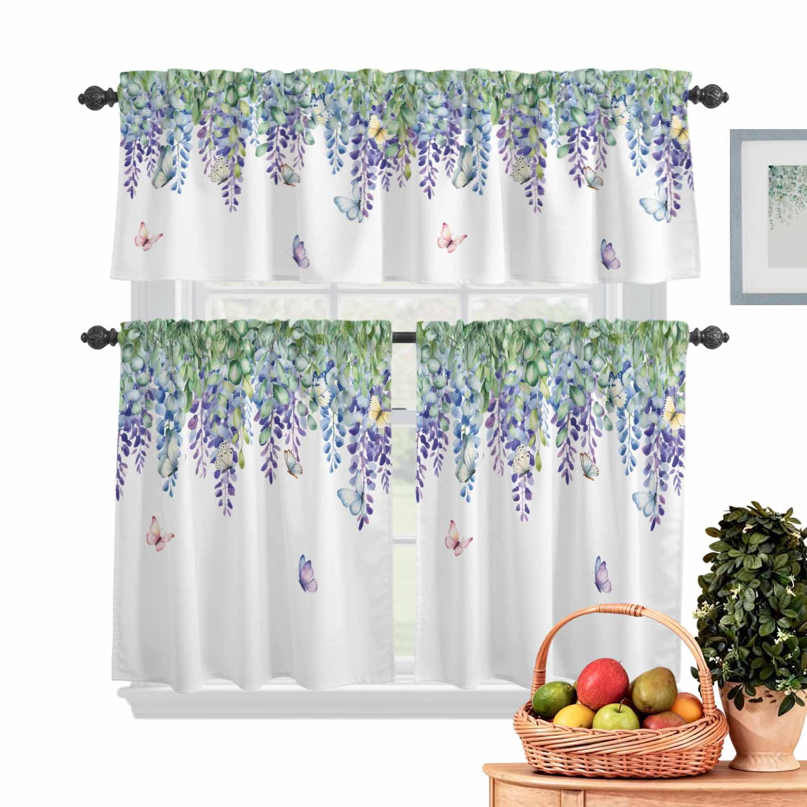 Spring Wisteria Kitchen Curtains Valances 3 Piece Set, Falling Purple ...