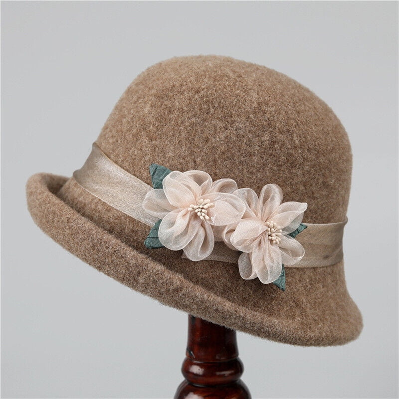 Spring Women Vintage Wool Felt Bucket Cap Flower Cloche Lady Church ...