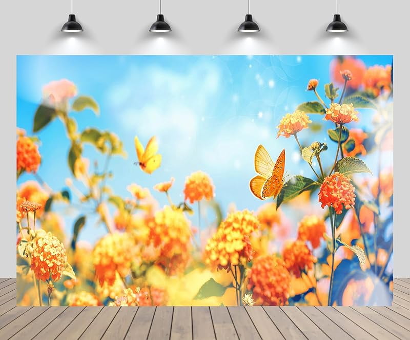Spring Wonderland Backdrop Orange Field Butterfly Sunshine Blue Sky ...
