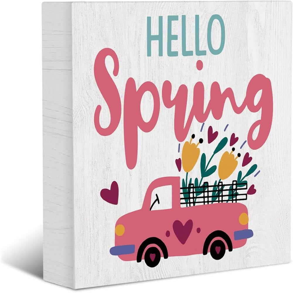 Spring Wood Block Plaque Hellow Spring Decor Flowers Desk Decor Rustic ...