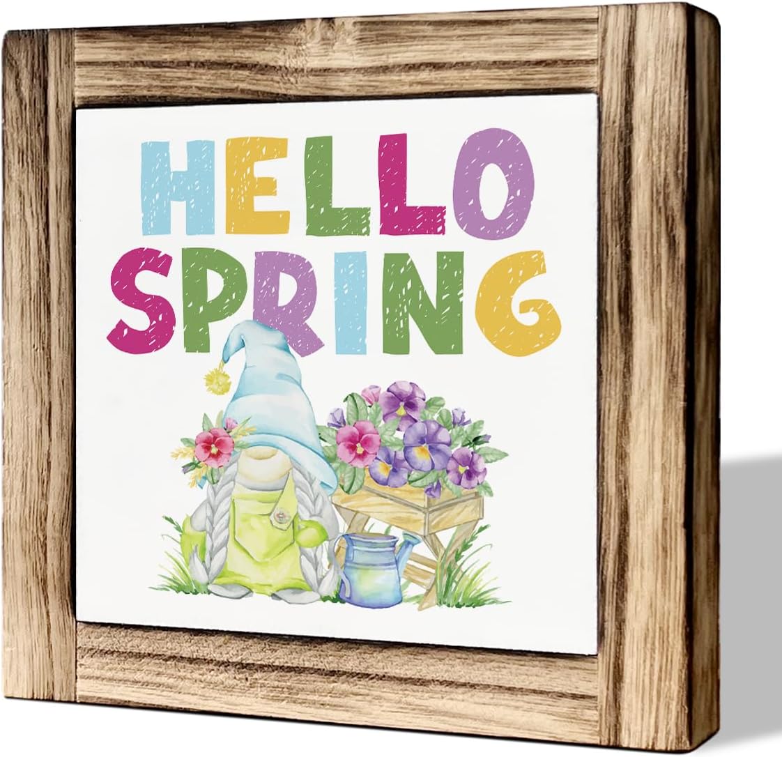 Spring Wood Sign, Rustic Wooden Tabletop Decor Sign, Hello Spring Sign ...