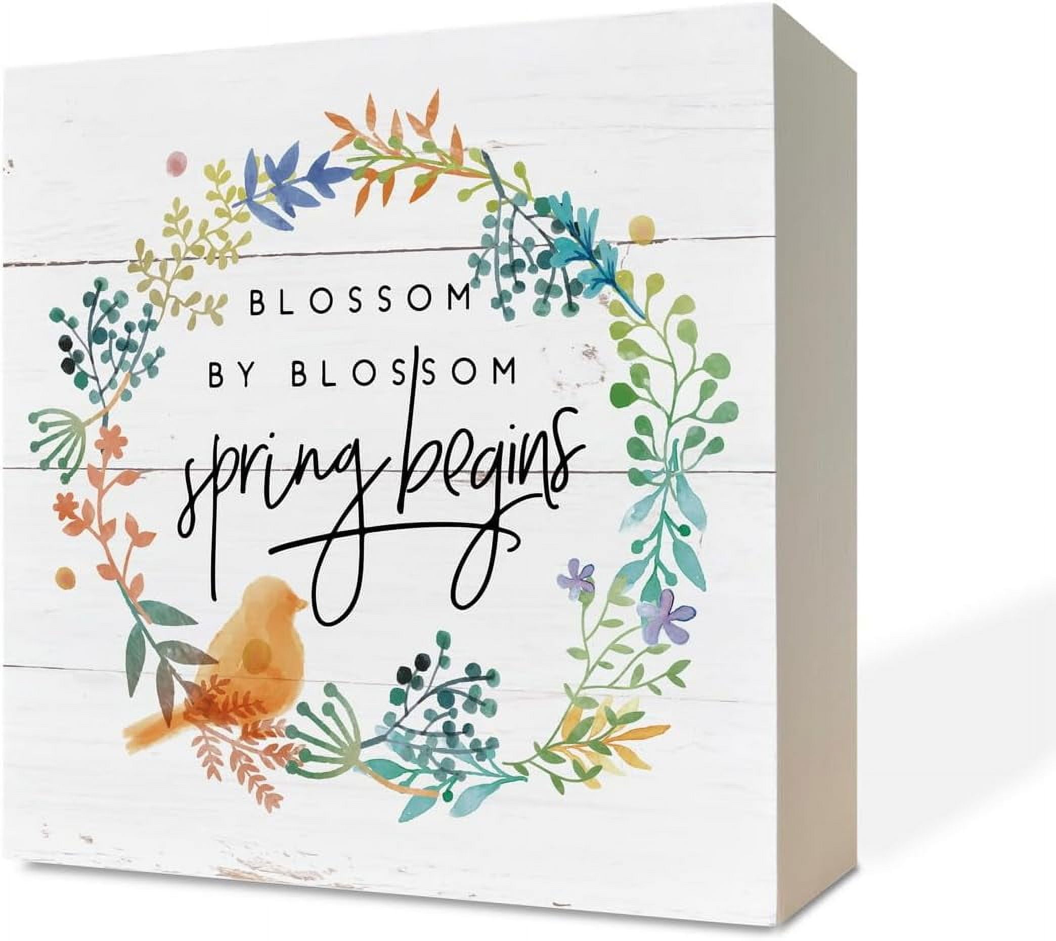 Spring Wood Sign, White Wooden Box Sign Desk Decor 5" x 5",Table Decor ...