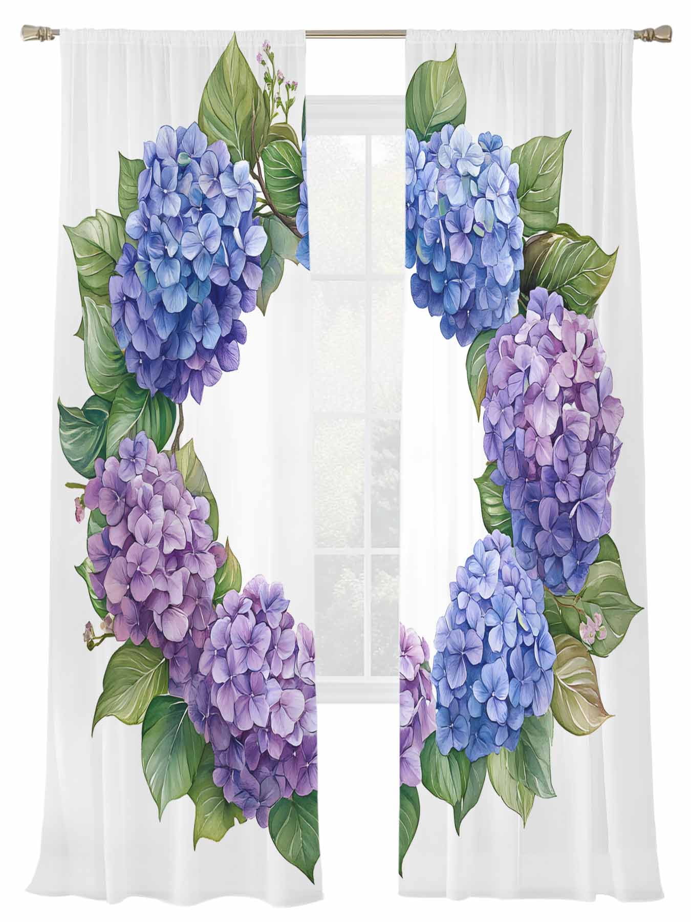 Spring Wreath Sheer Curtains 2 Panels Set Purple Hydrangea Flower Sheer ...