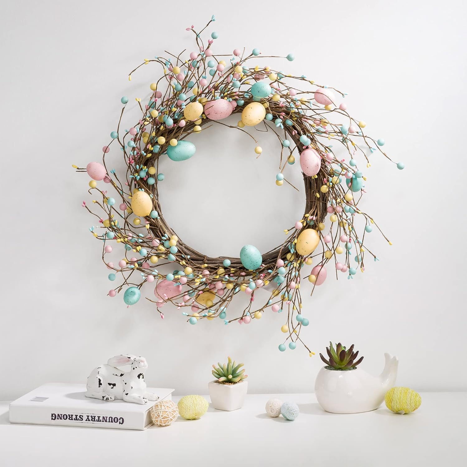 Spring Wreaths for Front Door 17 Inch Easter Eggs Wreath Rattan Easter ...