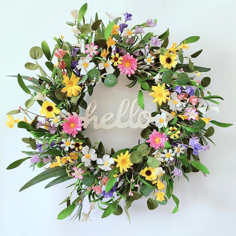Spring Wreaths for Front Door, 22 Inch Eucalyptus Wreath with Hello ...