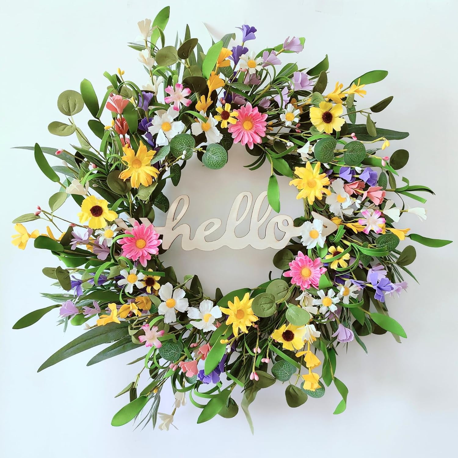 Spring Wreaths for Front Door, 22 Inch Eucalyptus Wreath with Hello ...