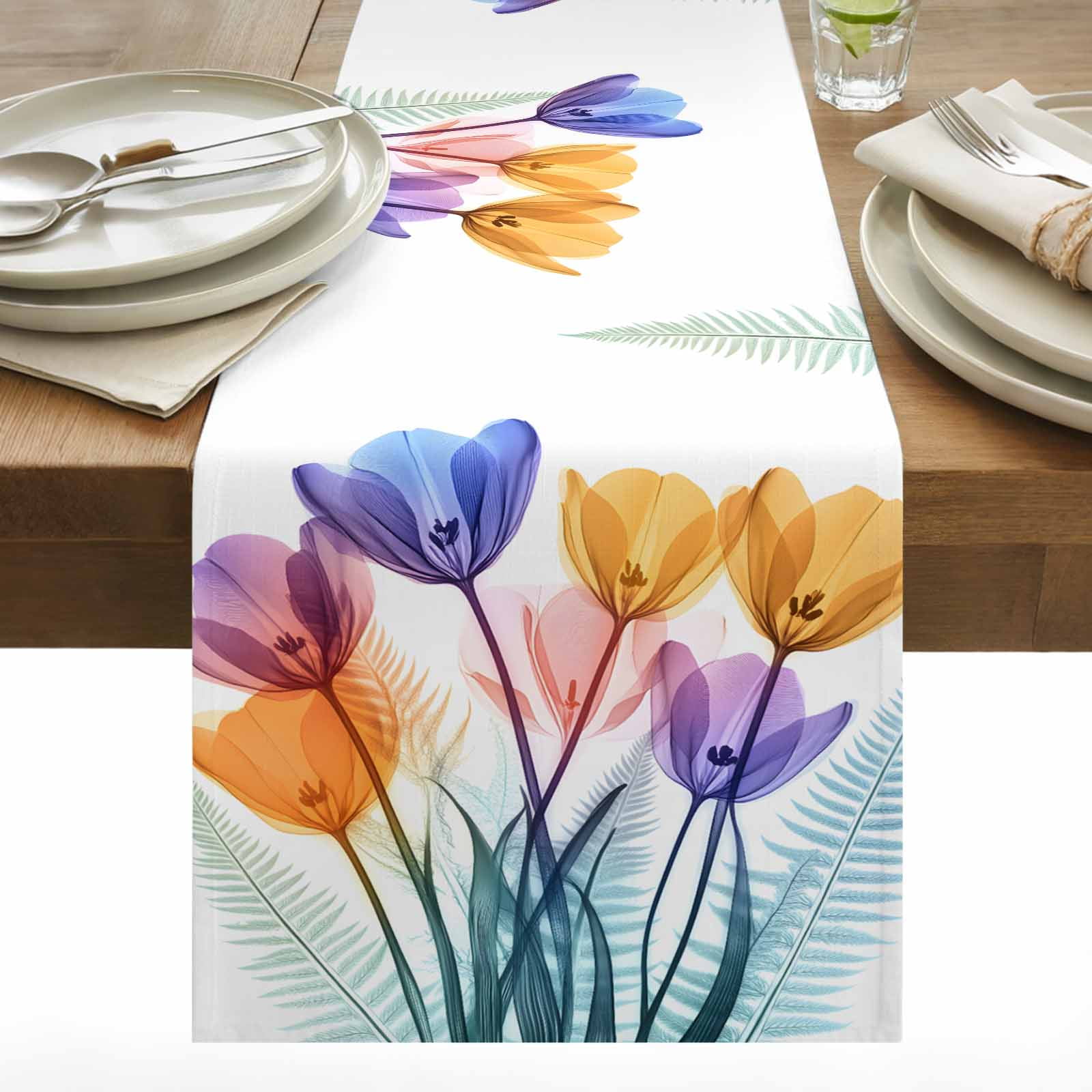 Spring X-ray Cotton Linen Table Runner Floral Yellow Purple Tulips Fern ...
