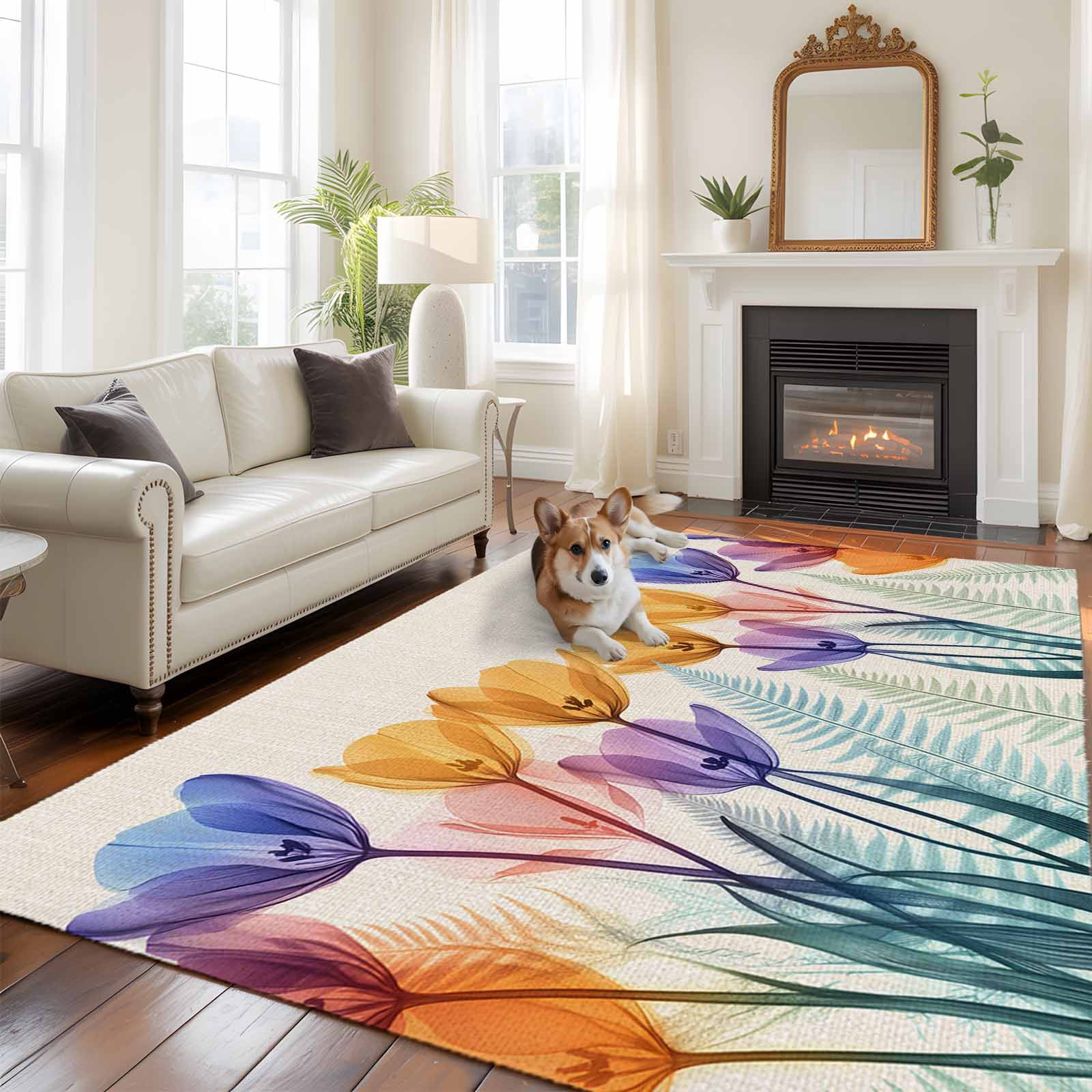 Spring X-ray Large Area Rugs 8x10 ft Floral Yellow Purple Tulips Fern ...