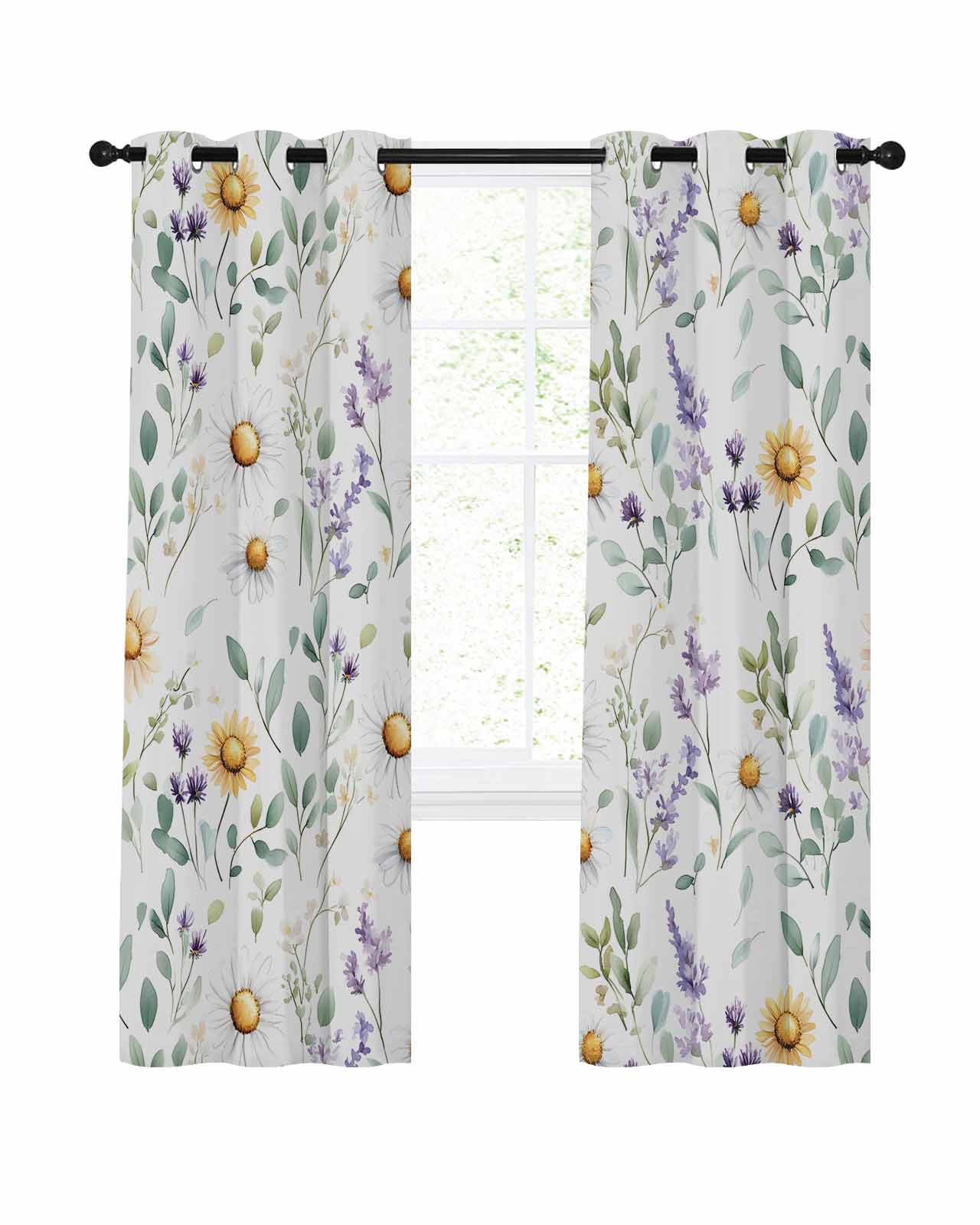 Spring Yellow Blackout Curtains 63 Inch Length White Daisy Flower ...