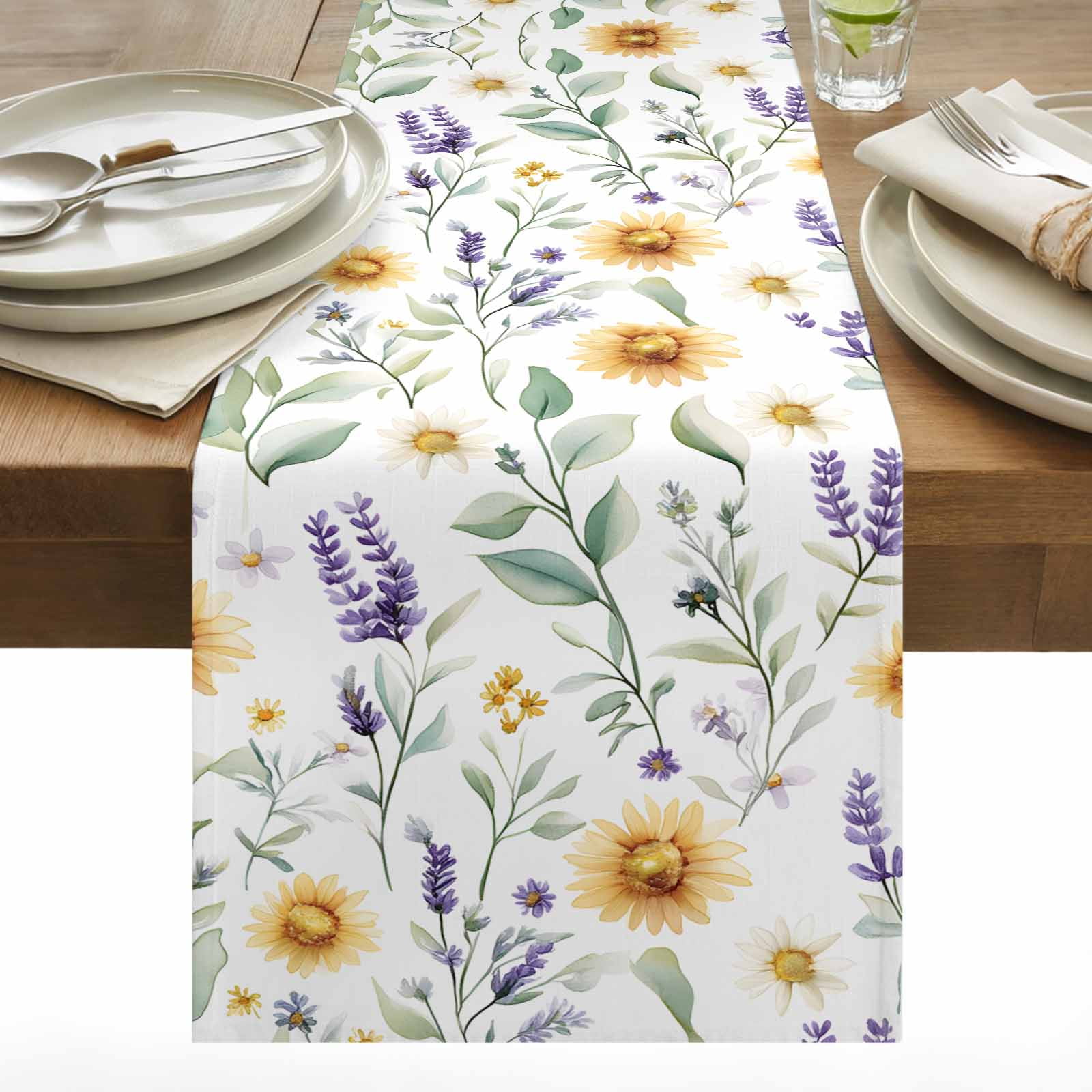 Spring Yellow Cotton Linen Table Runner White Daisy Lavender Eucalyptus ...
