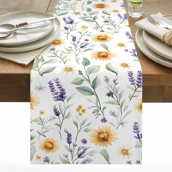 Spring Yellow Cotton Linen Table Runner White Daisy Lavender Eucalyptus ...