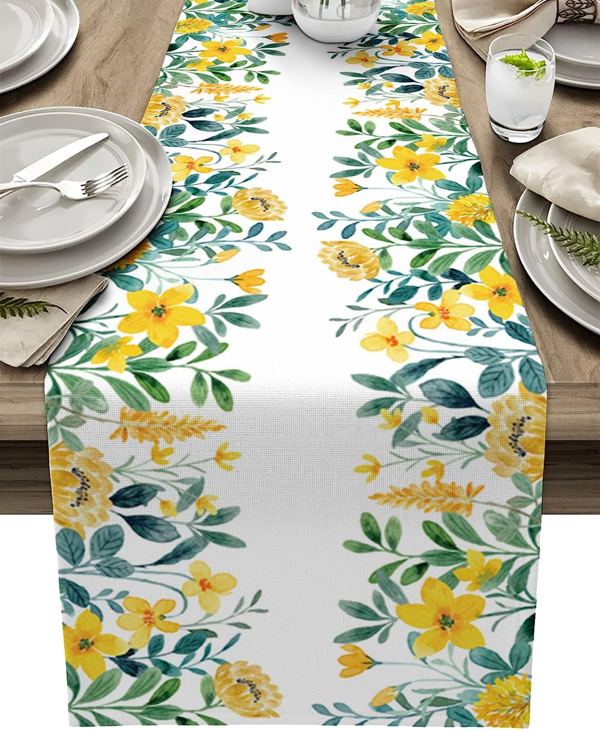 Spring Yellow Floral Linen Table Runner Holiday Party rations Washable ...